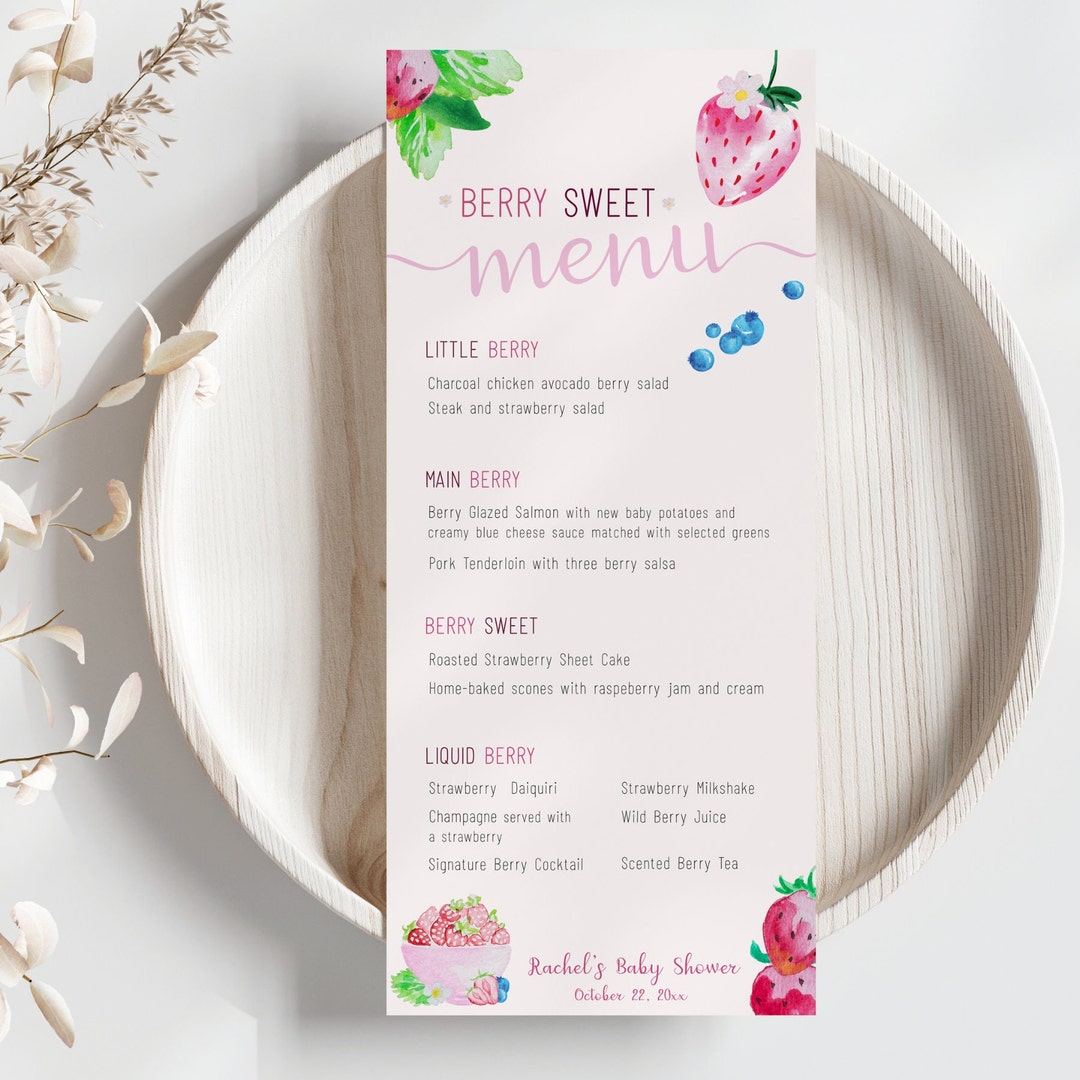 Berry Sweet Menu Card, Strawberry Themed Food and Drink List, Fruit ...