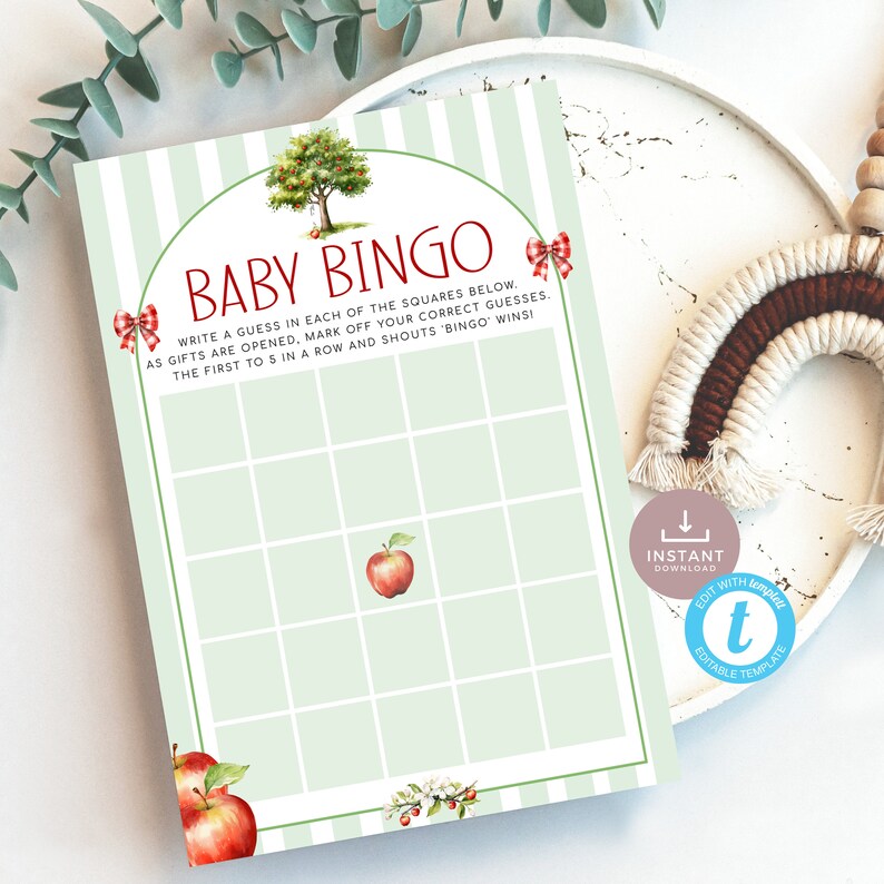 Apple Baby Shower Bingo Card Template, A Little Apple is About to Fall ...