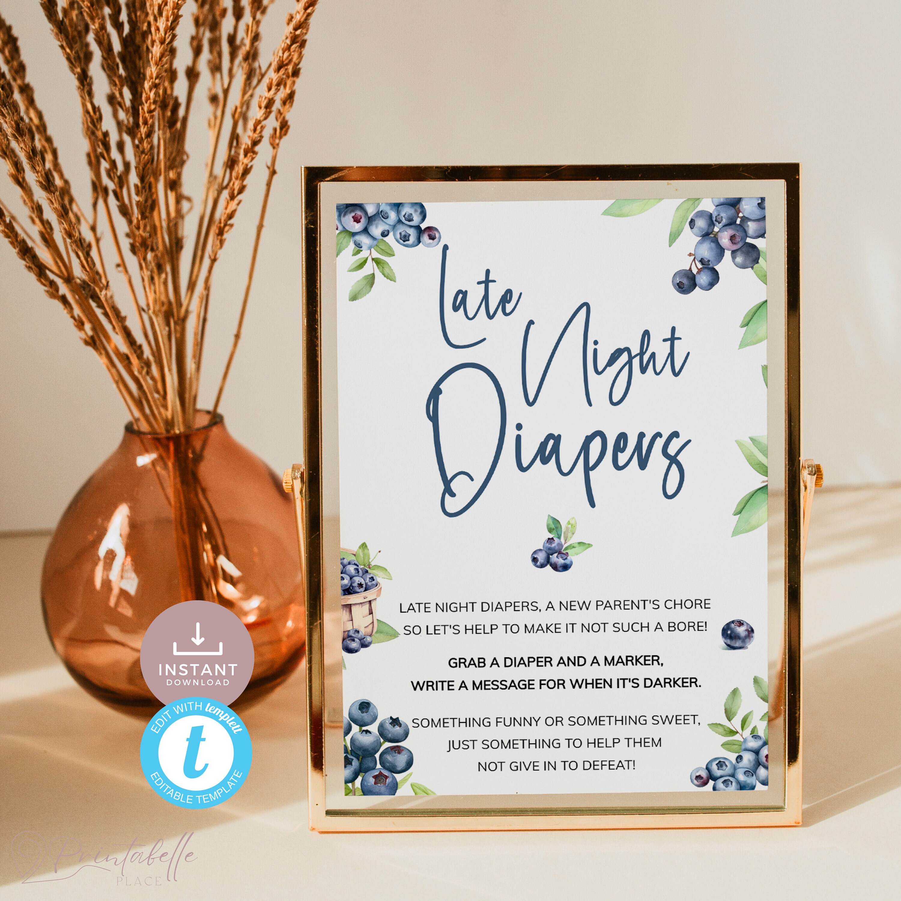Blueberry Late Night Diapers Sign Template, Berry Sweet Baby Shower ...