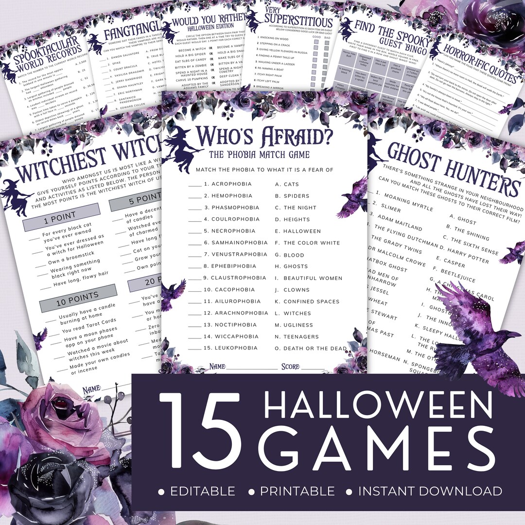 Halloween Party Games Bundle, Witchy Game Pack, Spooky Purple Gothic ...