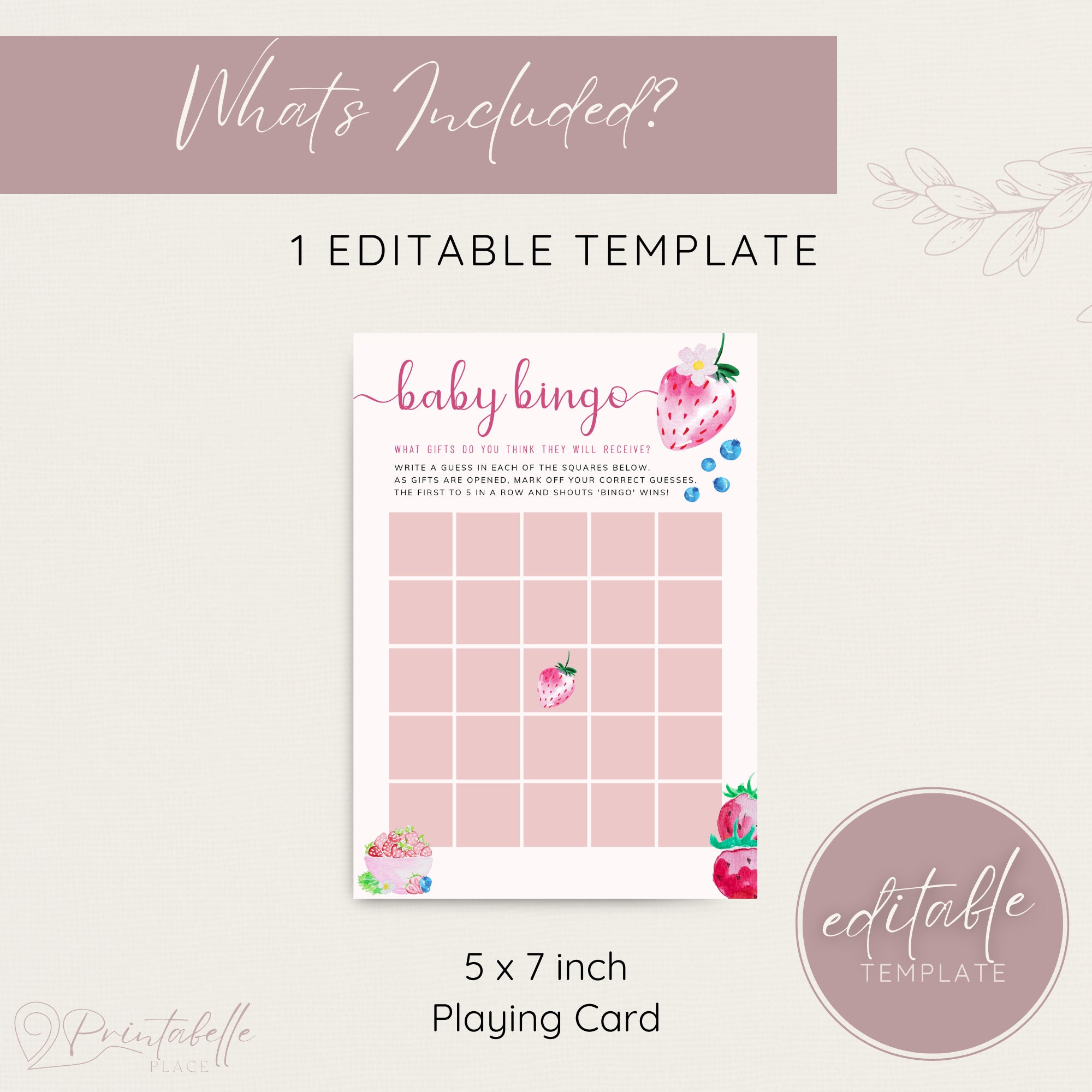 Strawberry Baby Shower Bingo Game Template, Berry Sweet Baby Shower ...