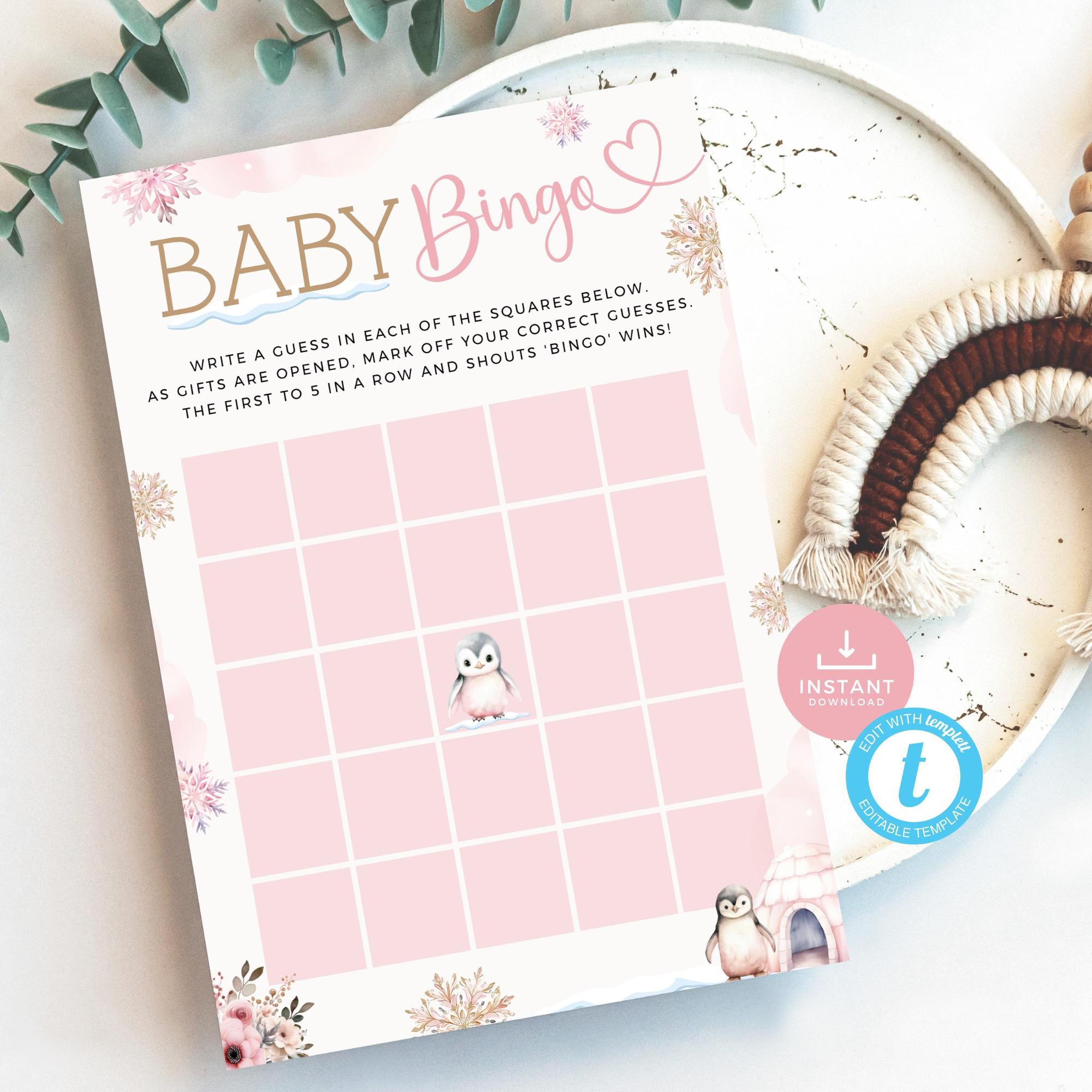 Winter Baby Shower Bingo, Pink Snowflake Baby Bingo Blank, Penguin ...