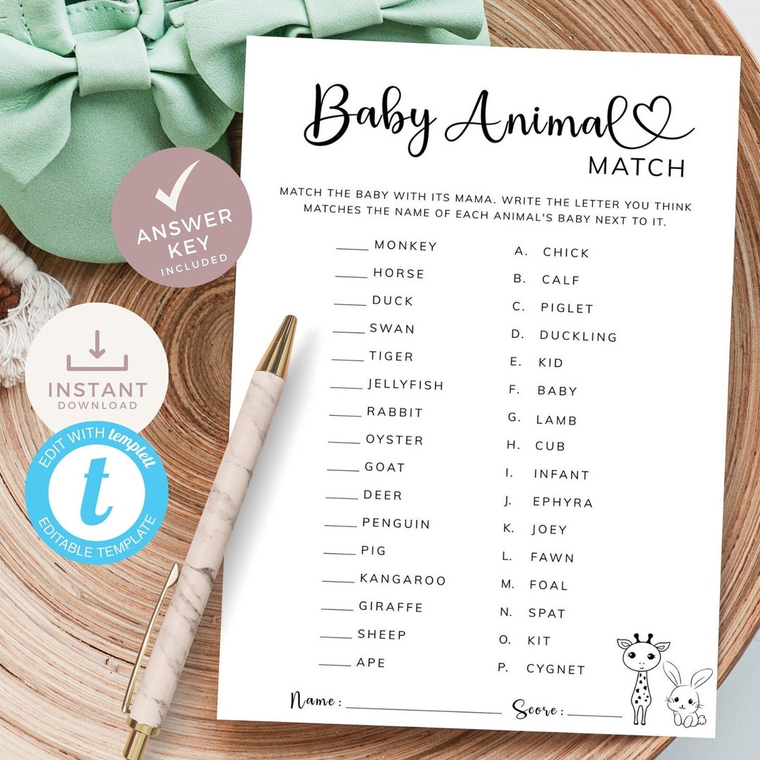 Baby Animal Match Up, Minimal Baby Shower Game, Who is My Mommy Quiz ...
