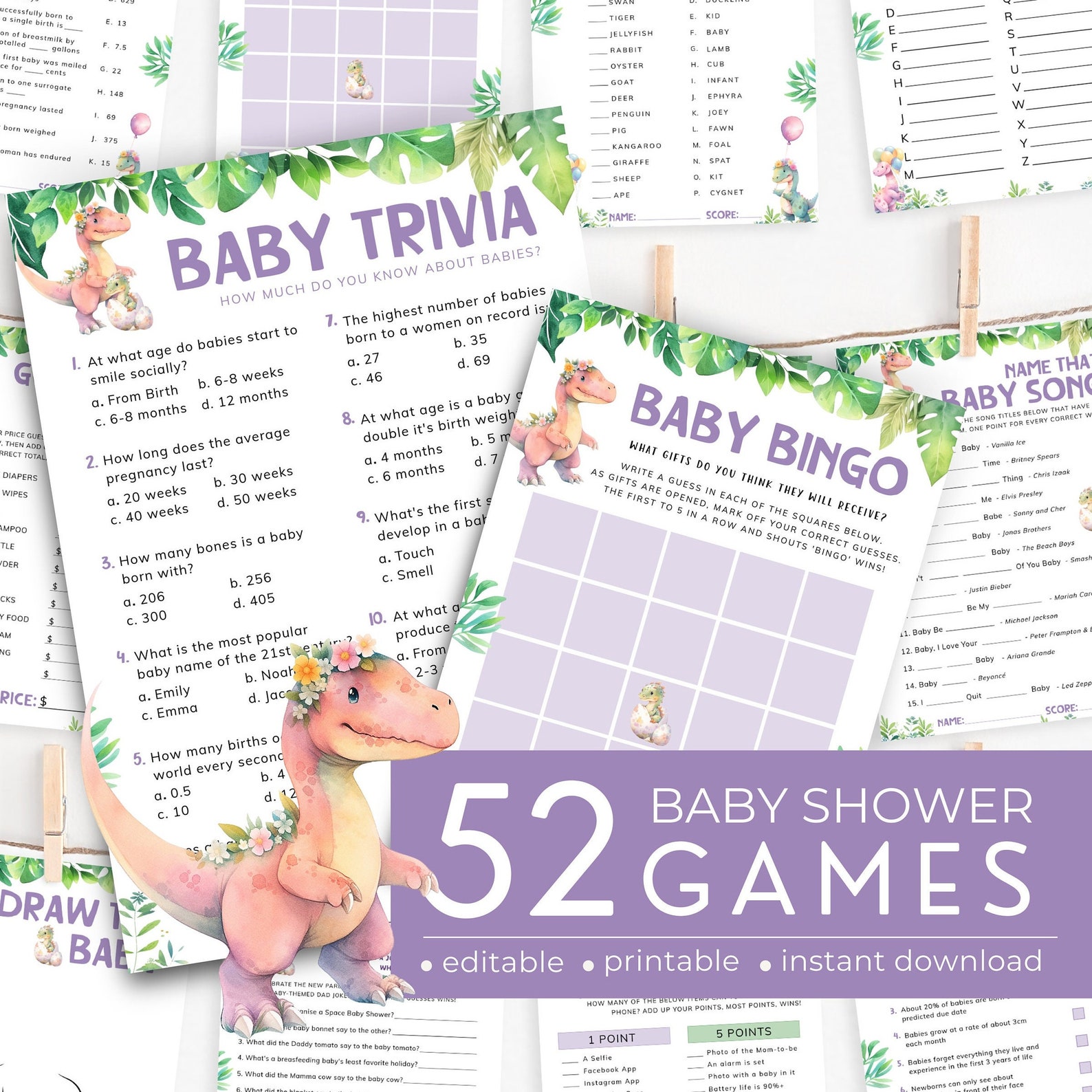 Dinosaur Baby Shower Games Bundle, Pregasaurus With Hatchling Activity ...