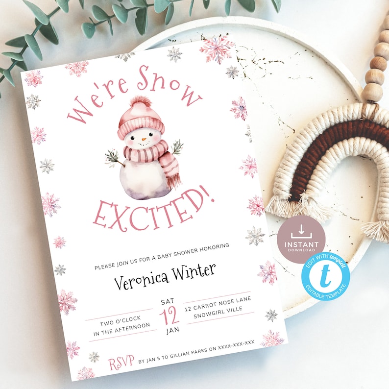 Pink Winter Snow Baby Shower Invitation. We're Snow Excited for This ...