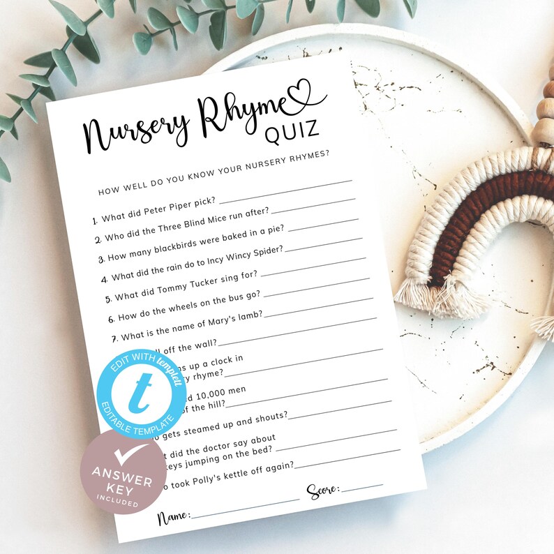 Nursery Rhyme Quiz Baby Shower Game, Children's Book Trivia, Minimal ...