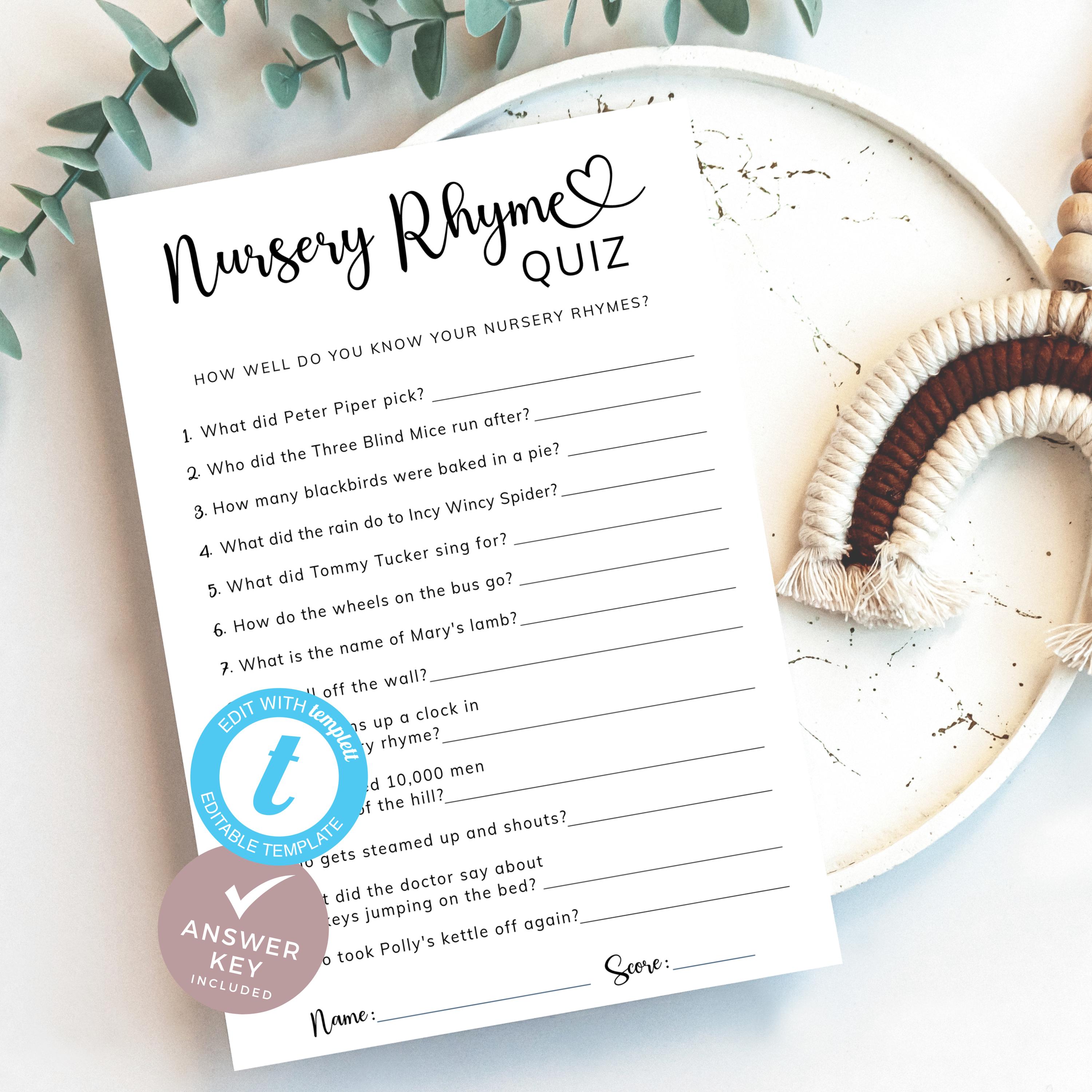 Nursery Rhyme Quiz Baby Shower Game, Children's Book Trivia, Minimal ...