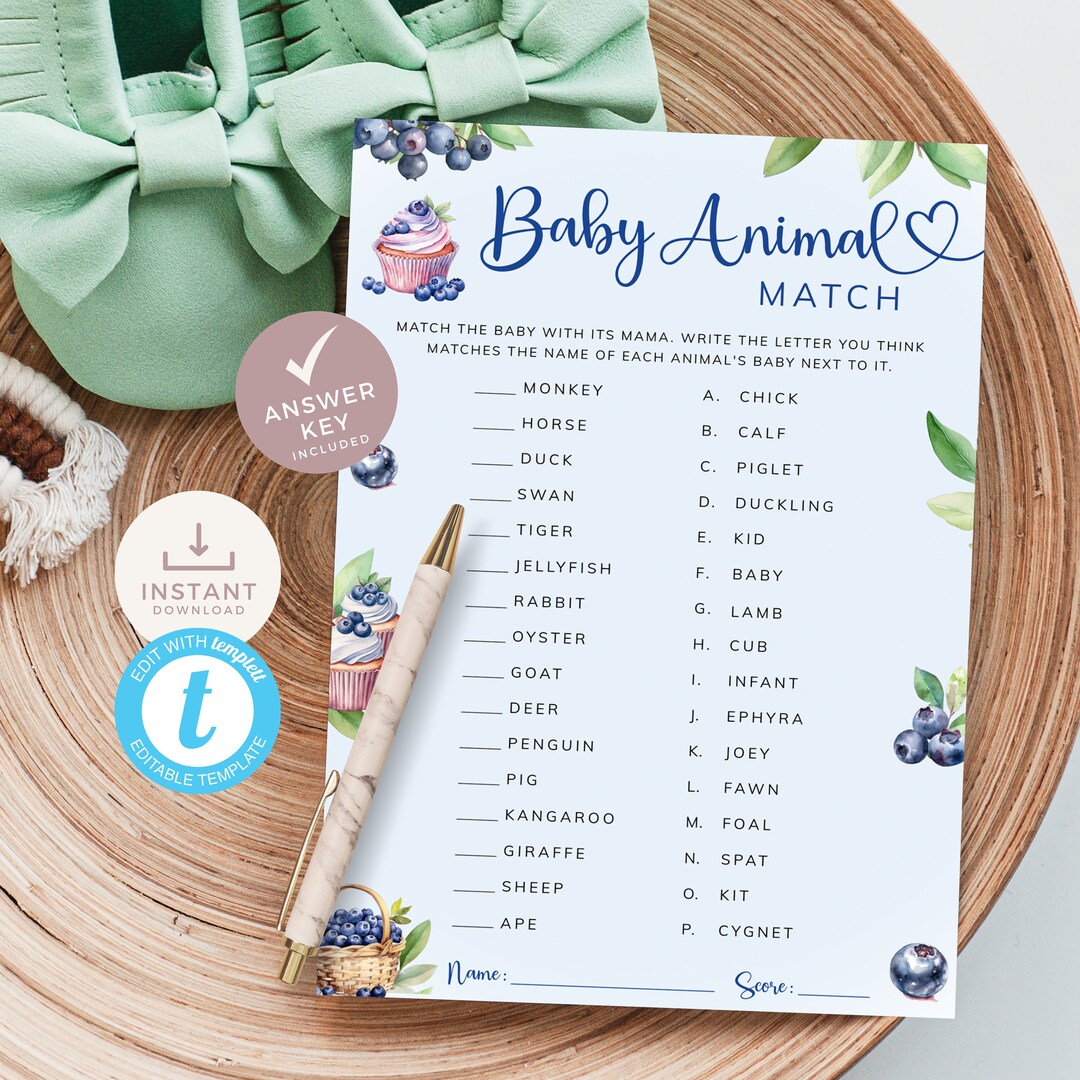 Blueberry Baby Animal Match Game, Berry Sweet Baby Shower Game, Who is ...