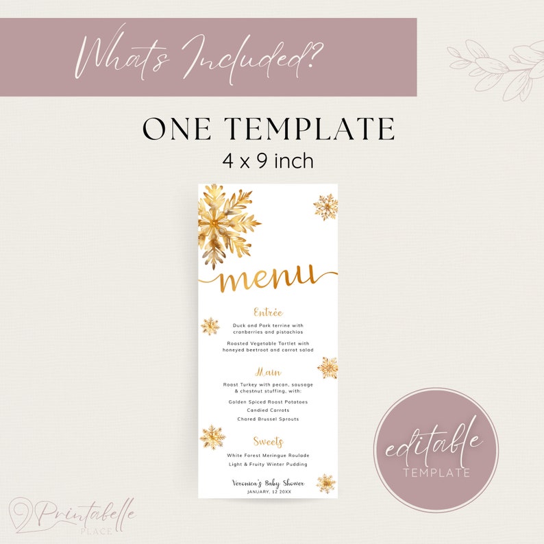 Snowflake Menu Template, Winter Wonderland Themed Table Setting Decor ...