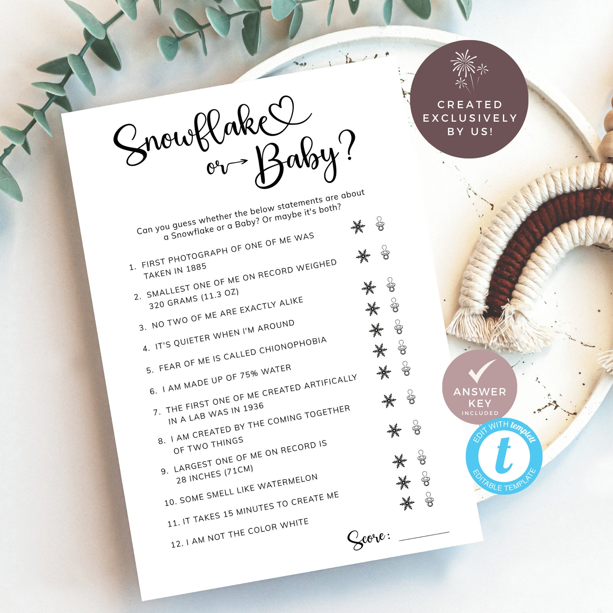 Snowflake or Baby Shower Game, Winter Themed Trivia, True or False ...