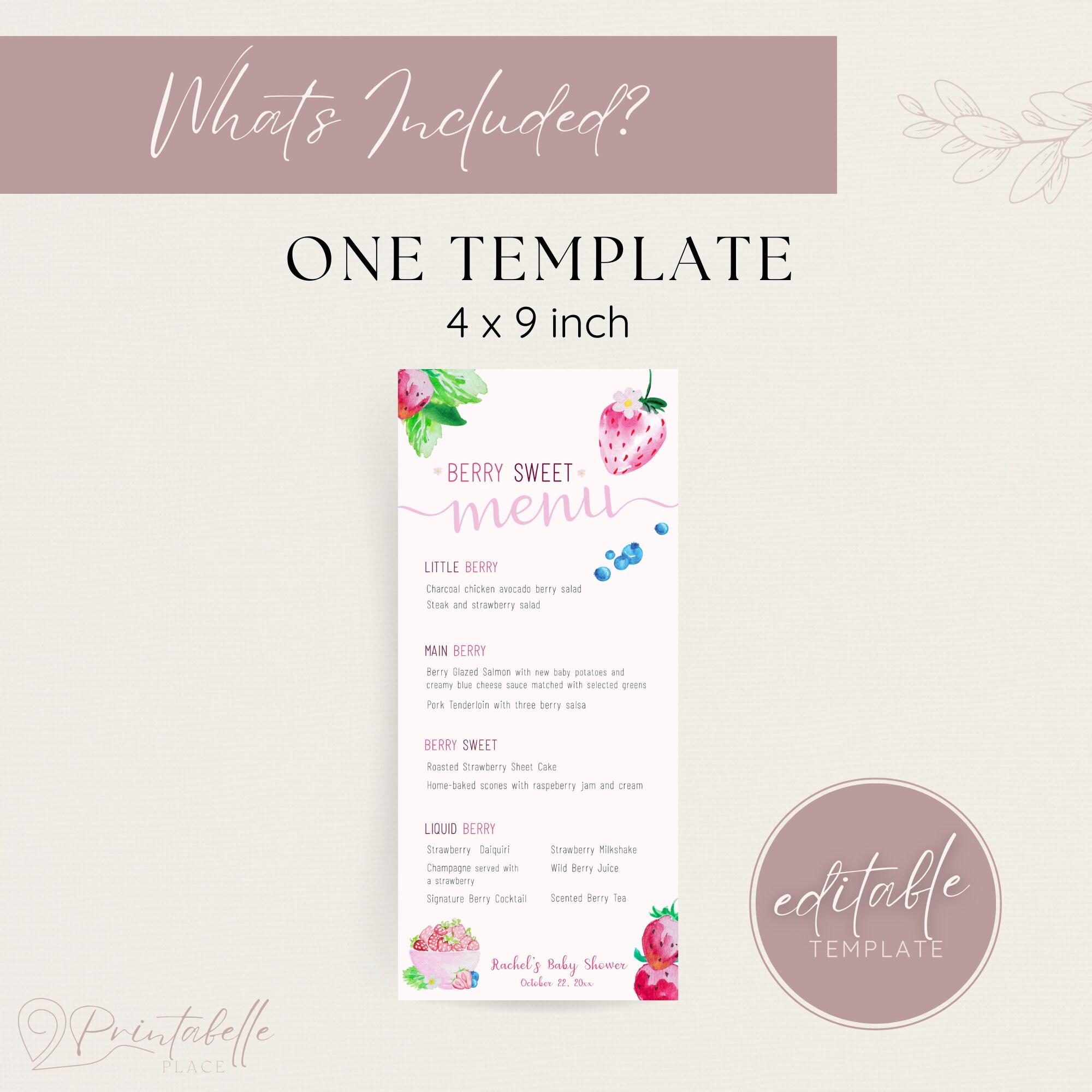 Berry Sweet Menu Card, Strawberry Themed Food and Drink List, Fruit ...