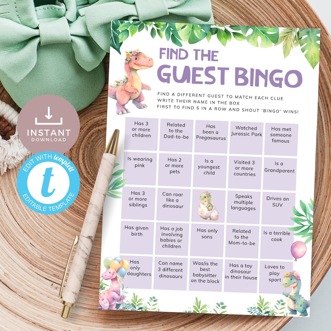 Dinosaur Baby Shower Bingo Game, Find the Guest Human Bingo, Dino Theme ...