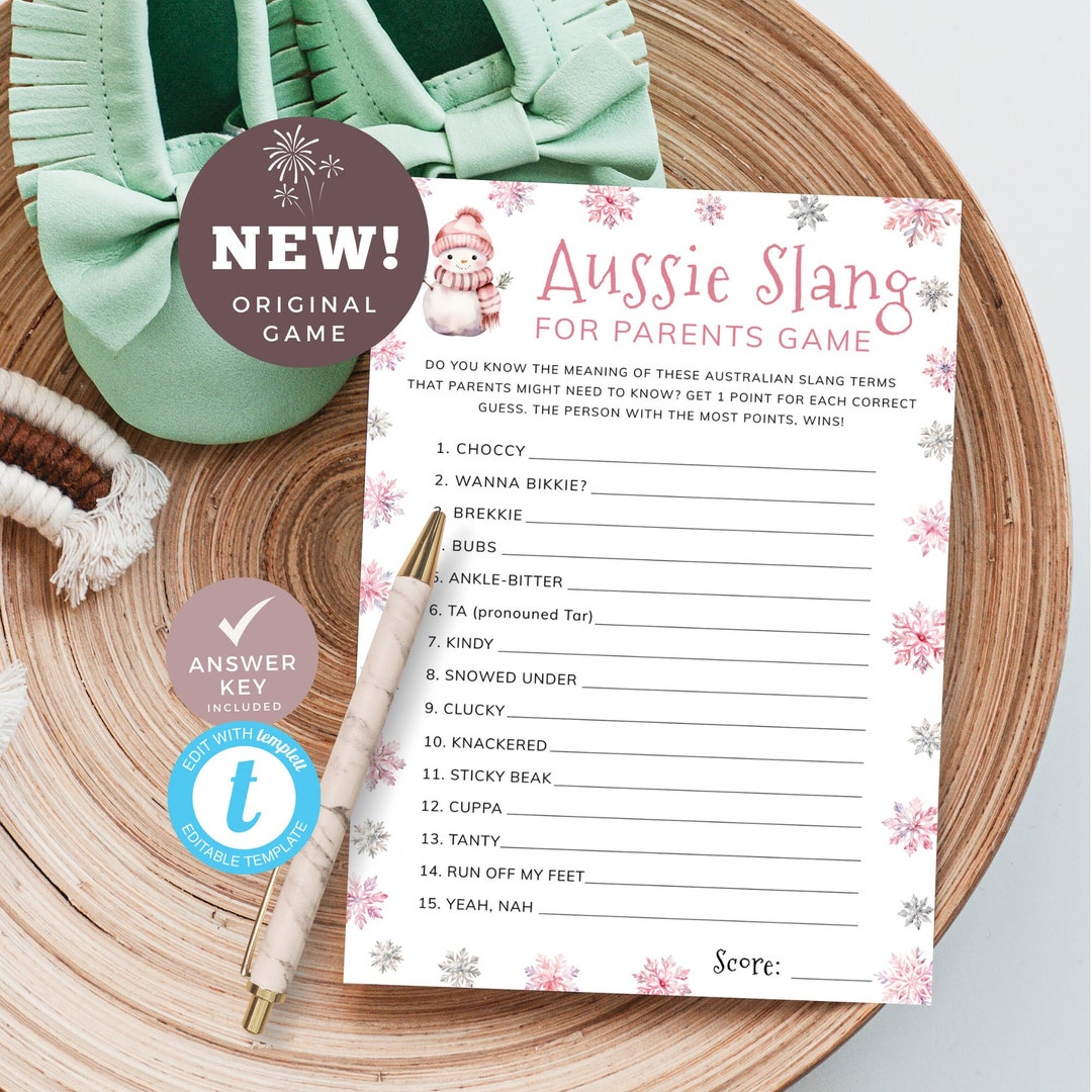 Aussie Slang for Parent Quiz, Pink Snowflake Baby Shower Game, Winter ...