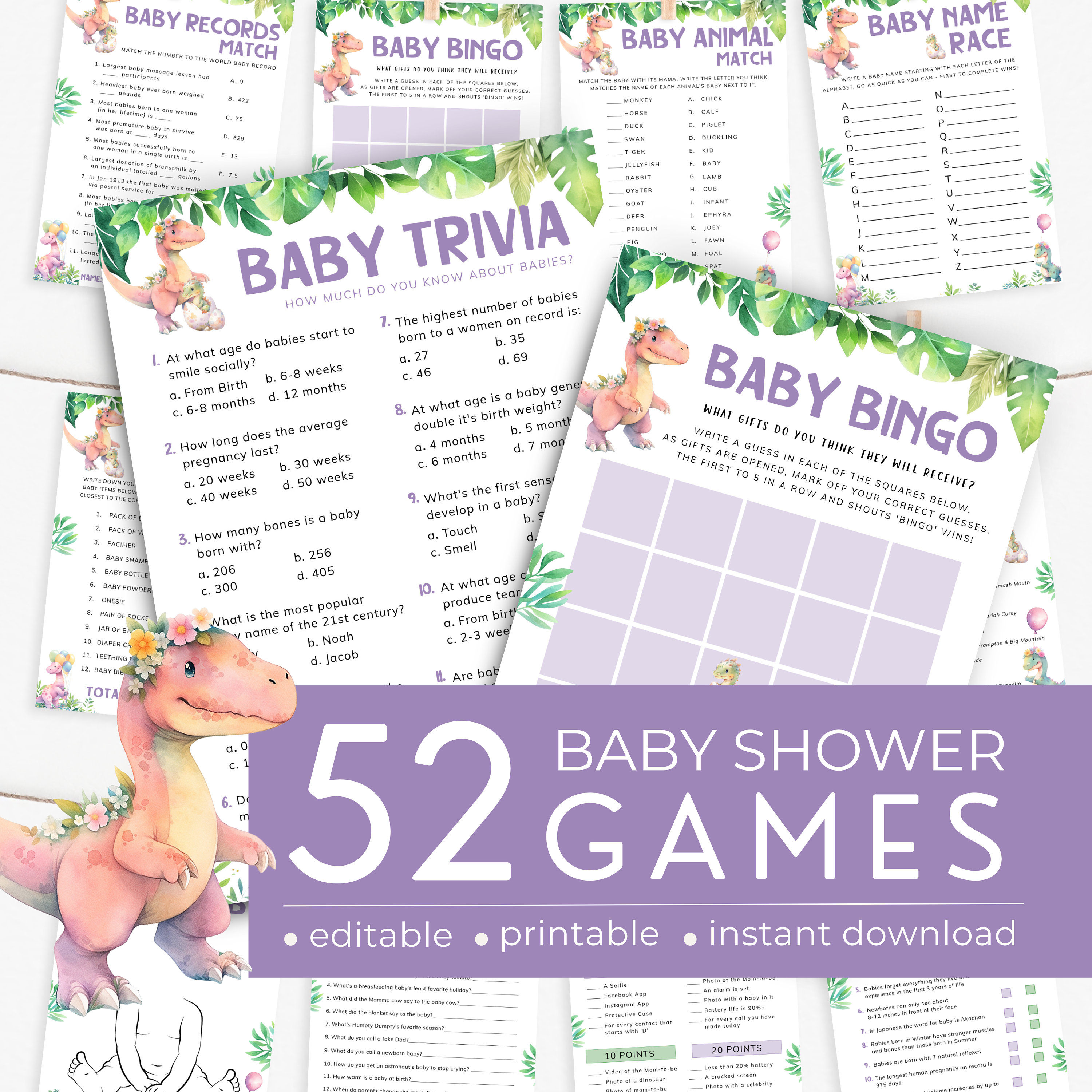 Dinosaur Baby Shower Games Bundle, Hatching Soon Activity Pack, Pastel ...