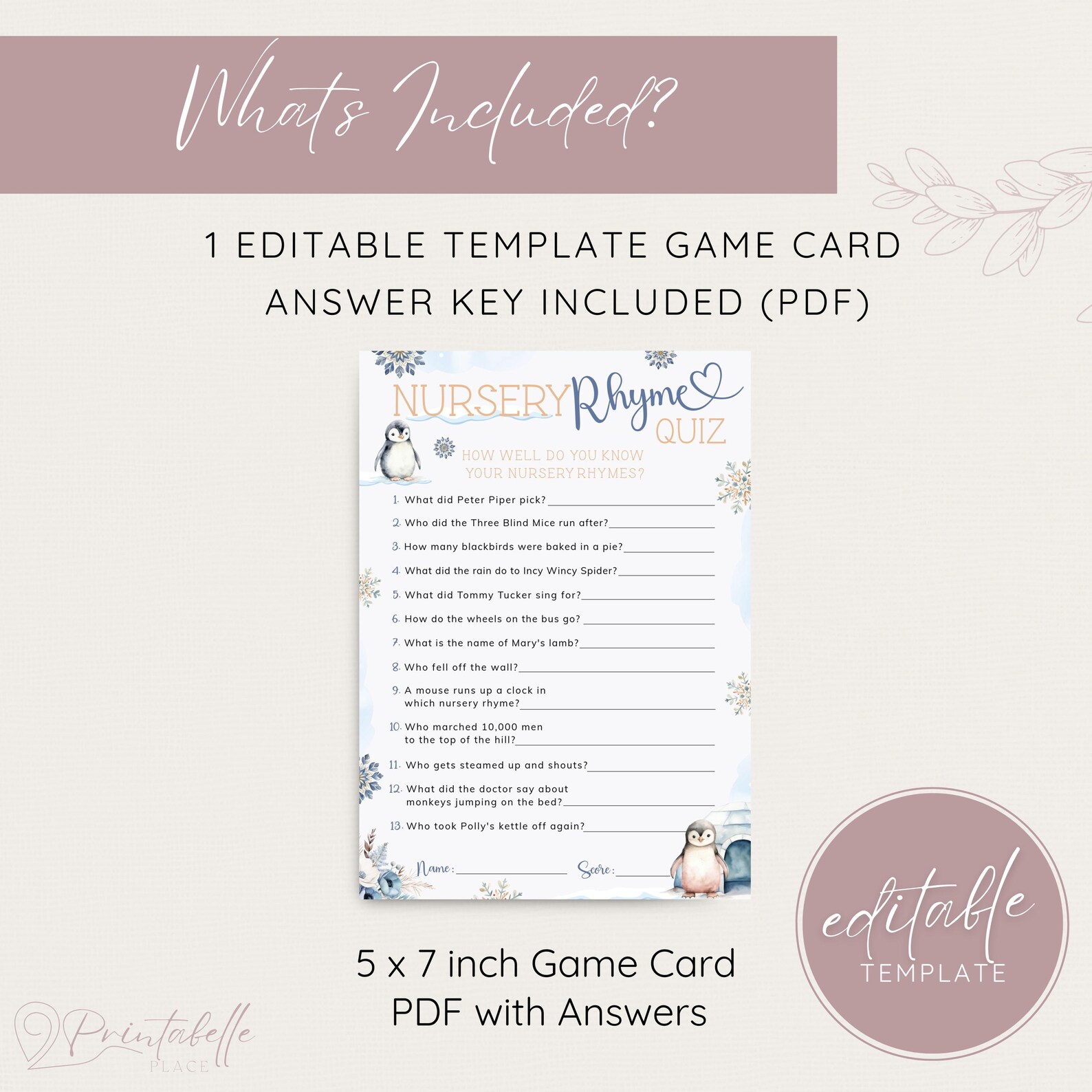 Winter Nursery Rhyme Quiz, Snow in Love Baby Shower Games, Guess the ...