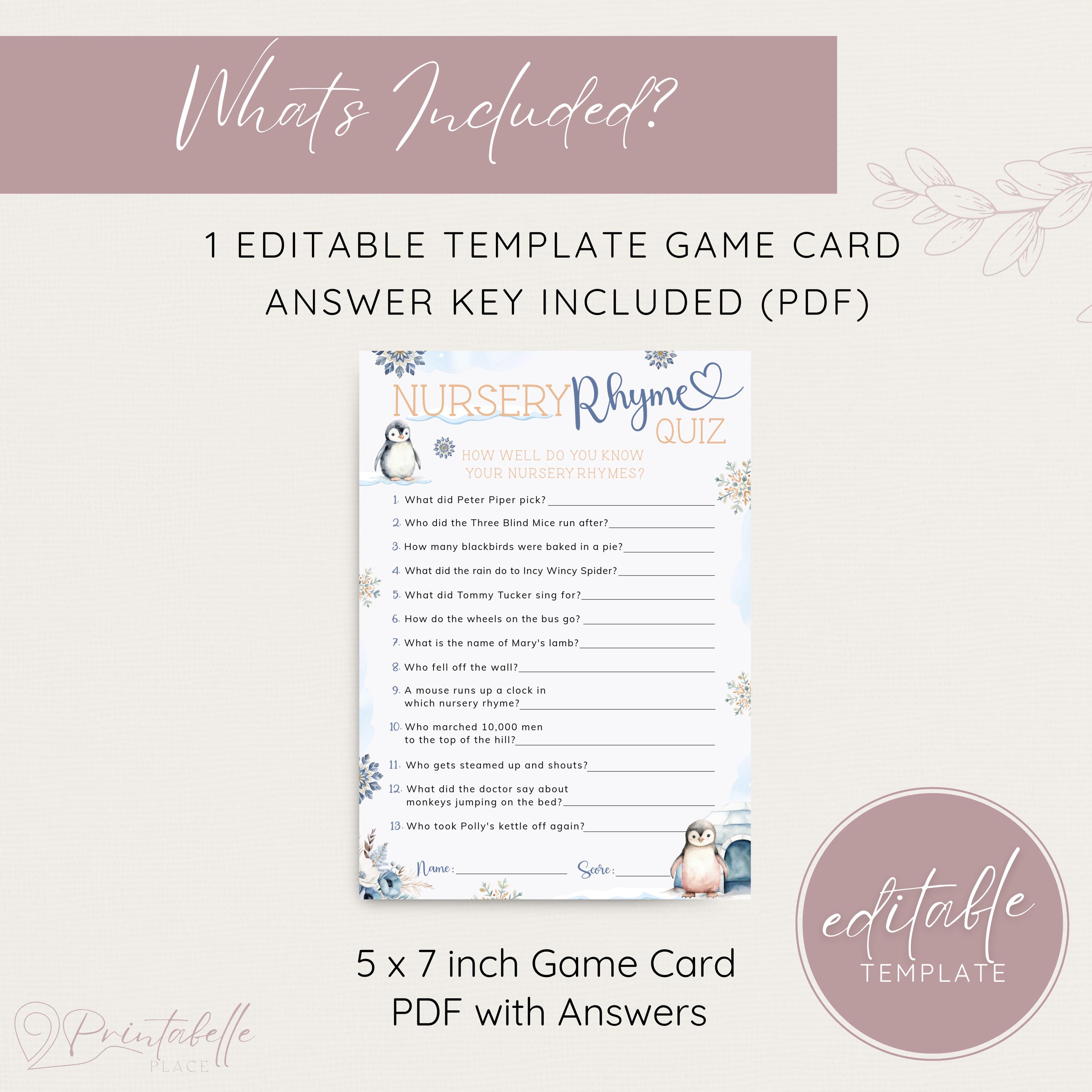 Winter Nursery Rhyme Quiz, Snow in Love Baby Shower Games, Guess the ...