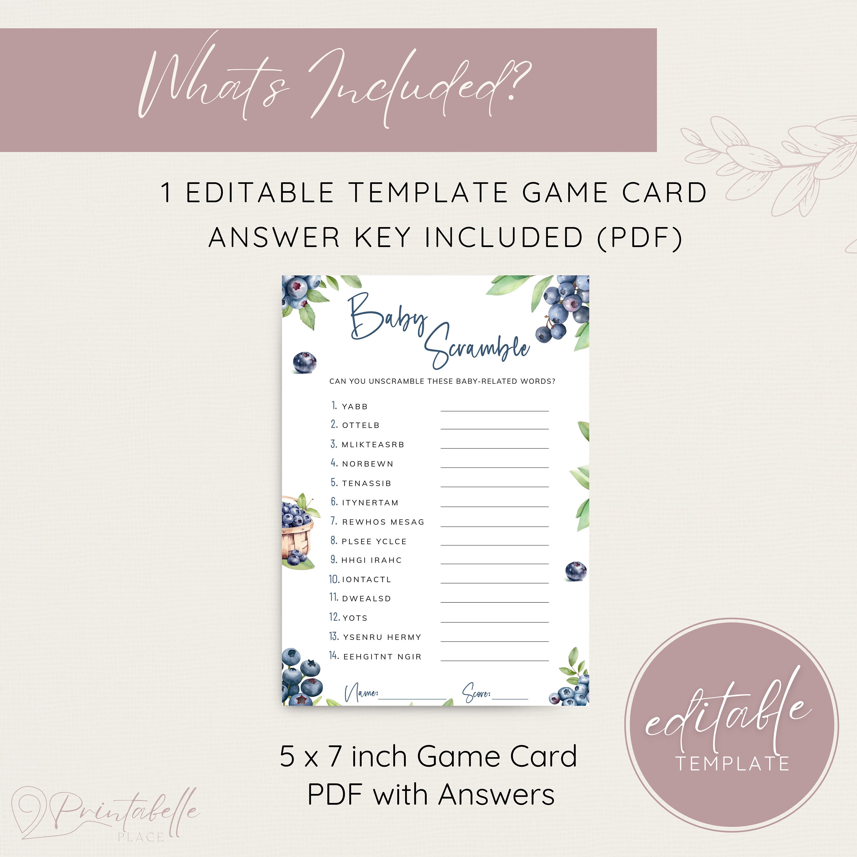 Blueberry Baby Scramble Card Template, Berry Sweet Baby Shower Game ...