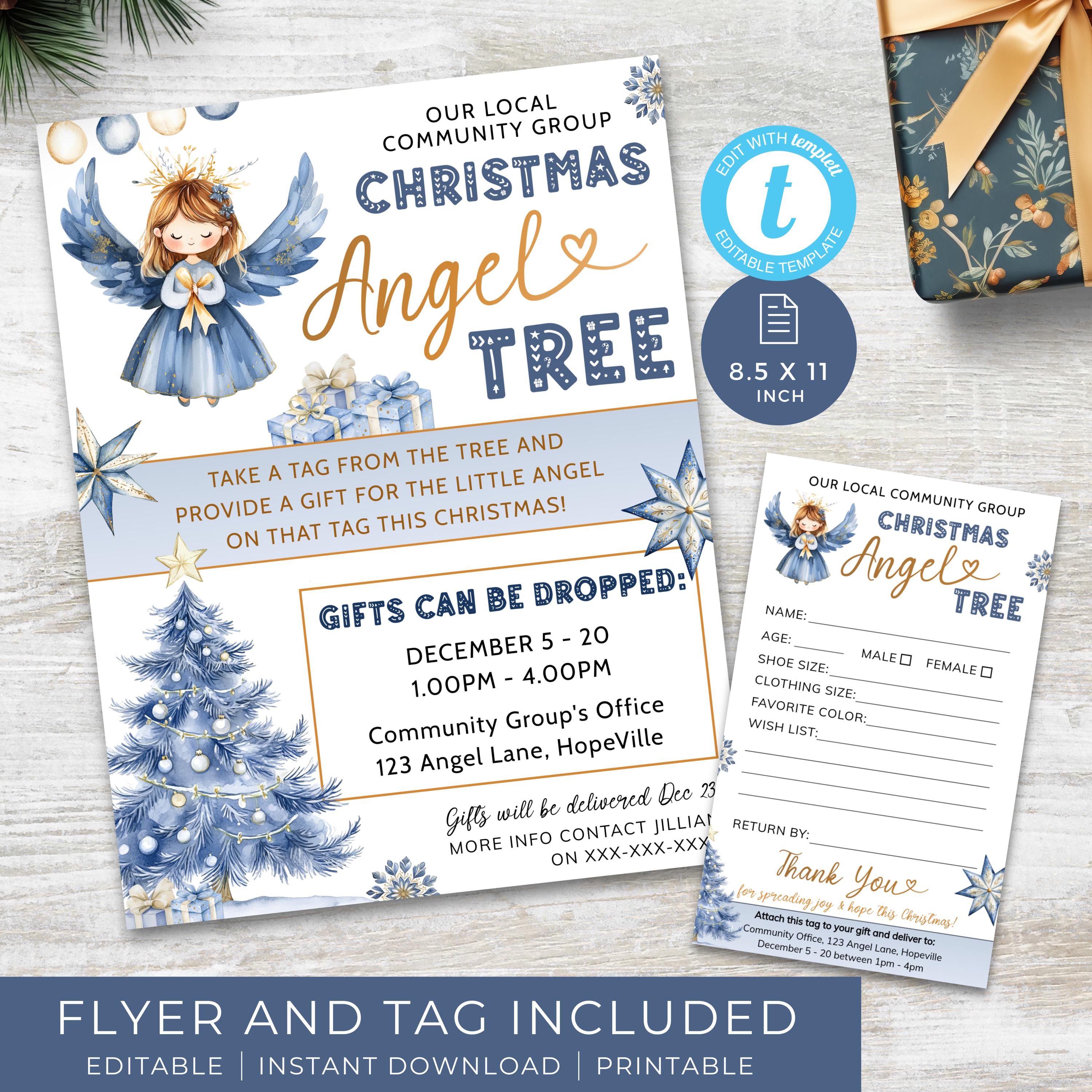 Christmas Angel Tree Flyer, Giving Tree Template, Blue Xmas Toy Drive ...