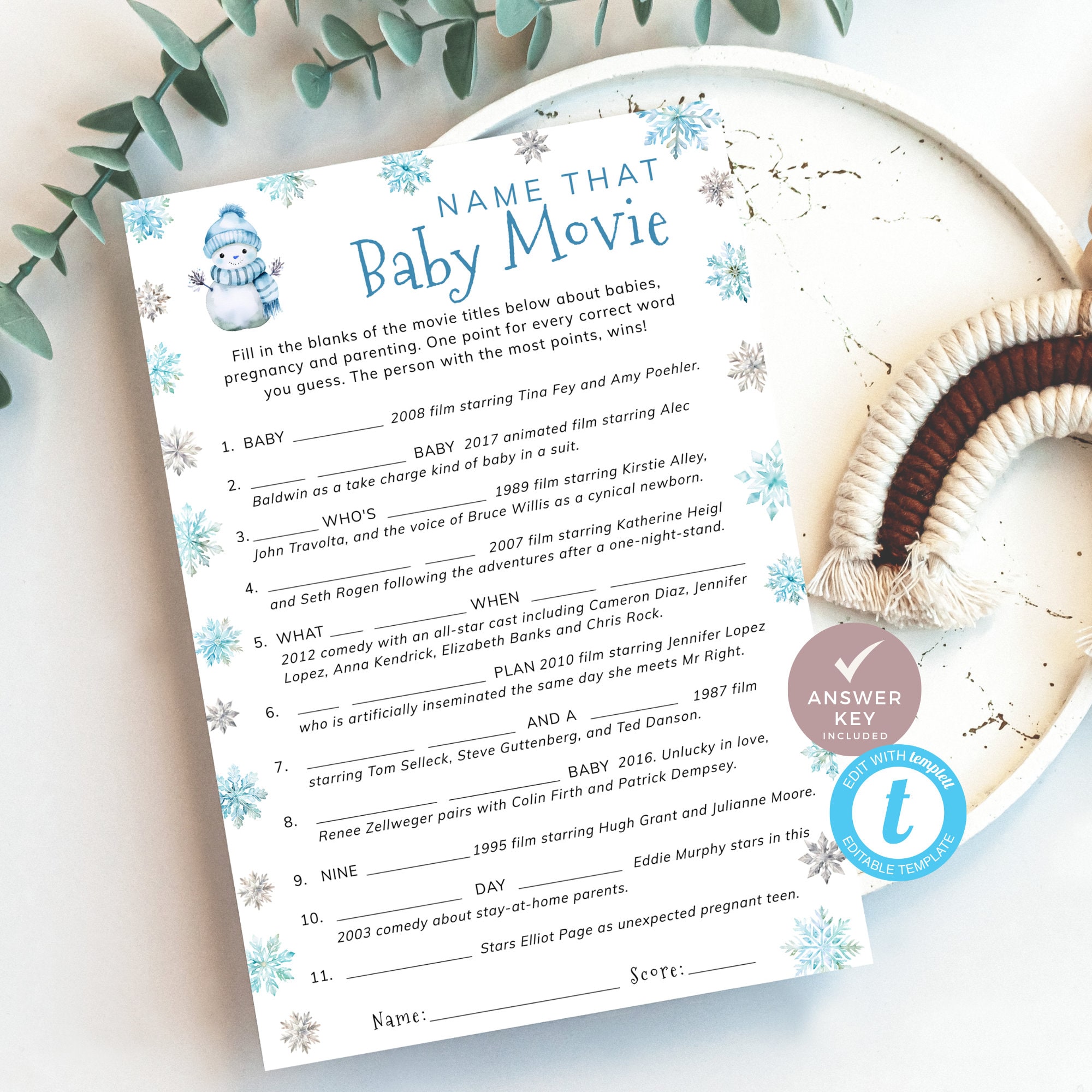 Guess the Baby Movie Baby Shower Game in Dusty Blue Winter We're Snow ...