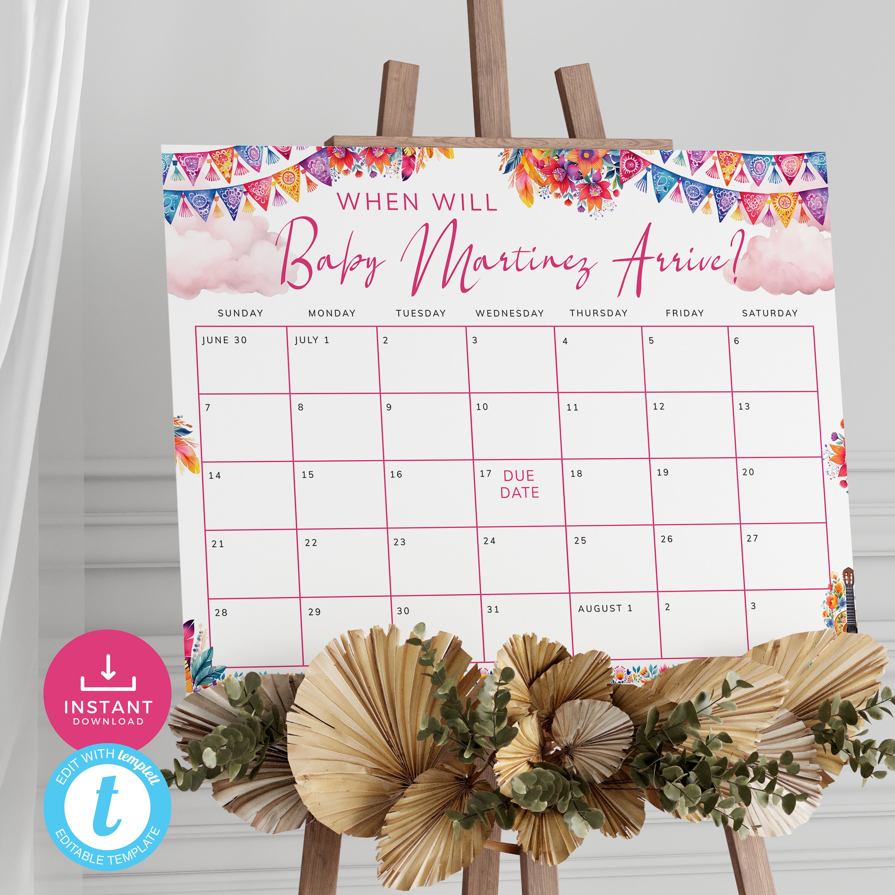 Cielito Lindo Guess the Arrival Date Calendar, Fiesta Theme Baby Shower ...