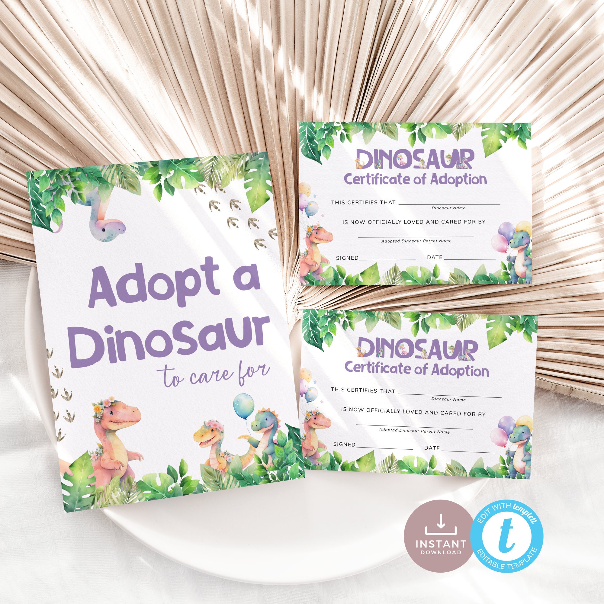 Adopt A Dinosaur Certificate and Sign for Your Pastel Dino Birthday ...