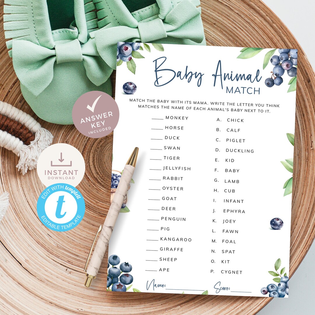 Blueberry Baby Animal Match Game, Berry Sweet Baby Shower Game, Guess ...