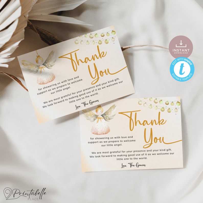 Angel Baby Shower Thank You Card in Yellow & Gold Tones for Gender ...