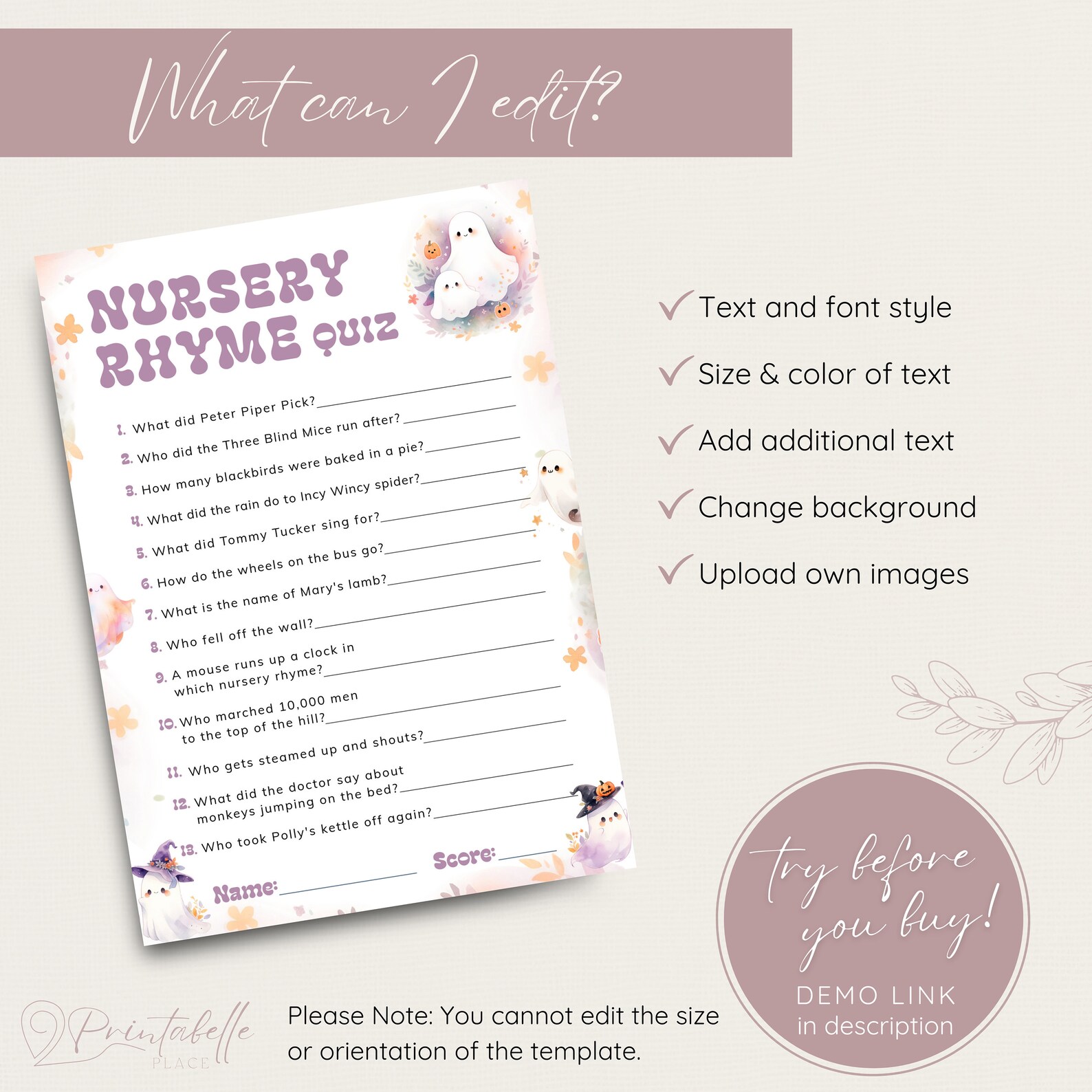 Nursery Rhyme Quiz With Answers: Little Boo Baby Shower Game (editable ...