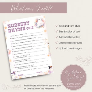 Nursery Rhyme Quiz With Answers: Little Boo Baby Shower Game (editable ...
