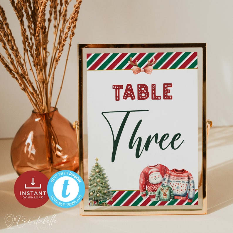Christmas Table Numbers Template, Ugly Sweater Table Name Cards, Rustic ...