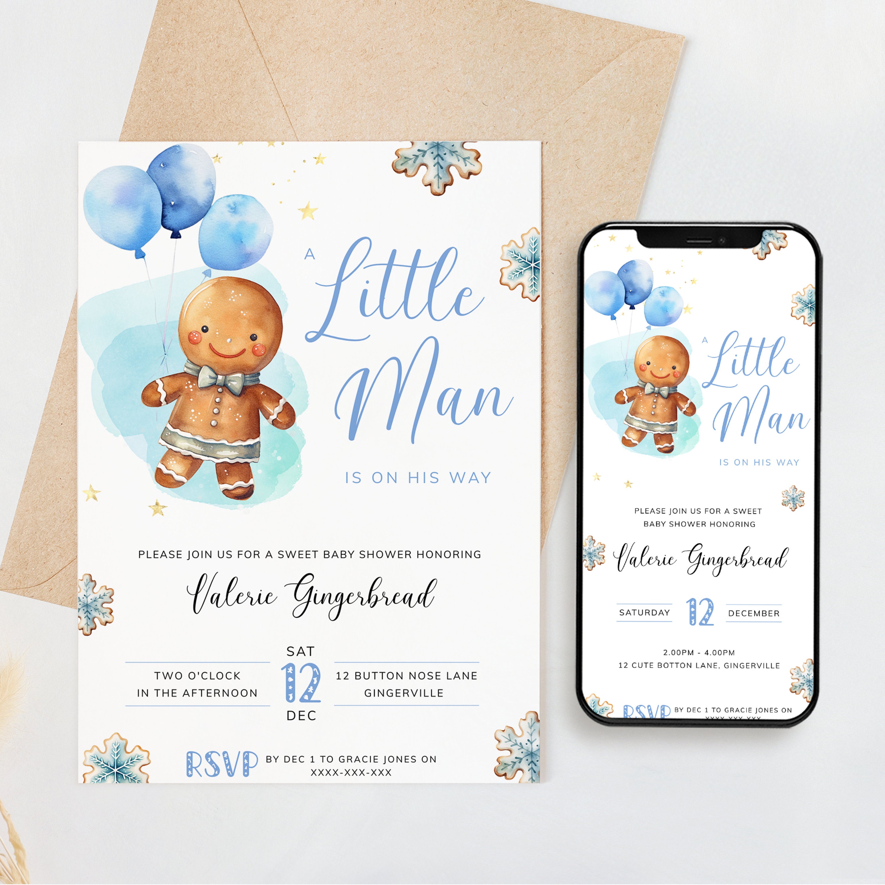 Gingerbread Man Baby Shower Invitation and Thank You Bundle, Blue ...