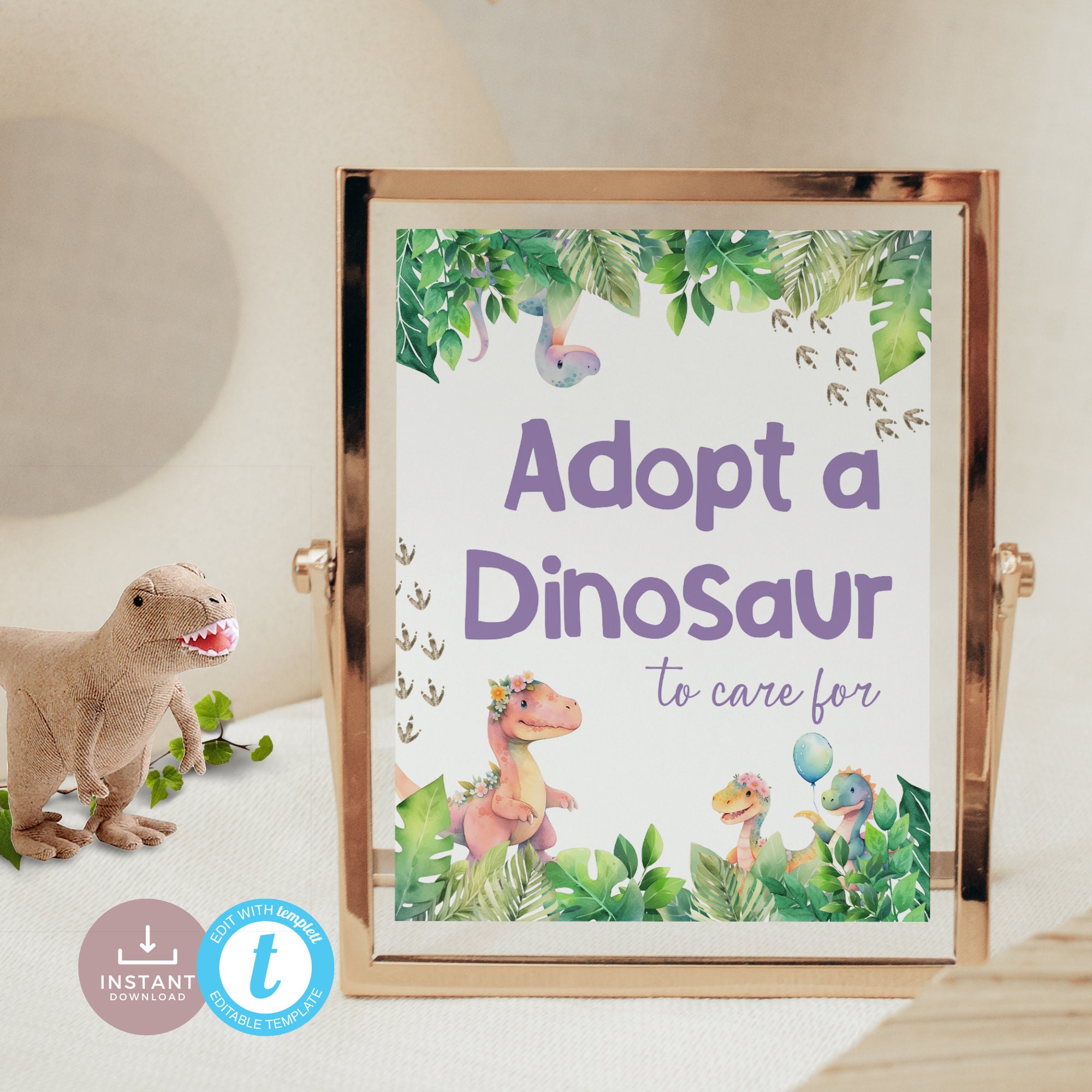 Adopt A Dinosaur Certificate and Sign for Your Pastel Dino Birthday ...