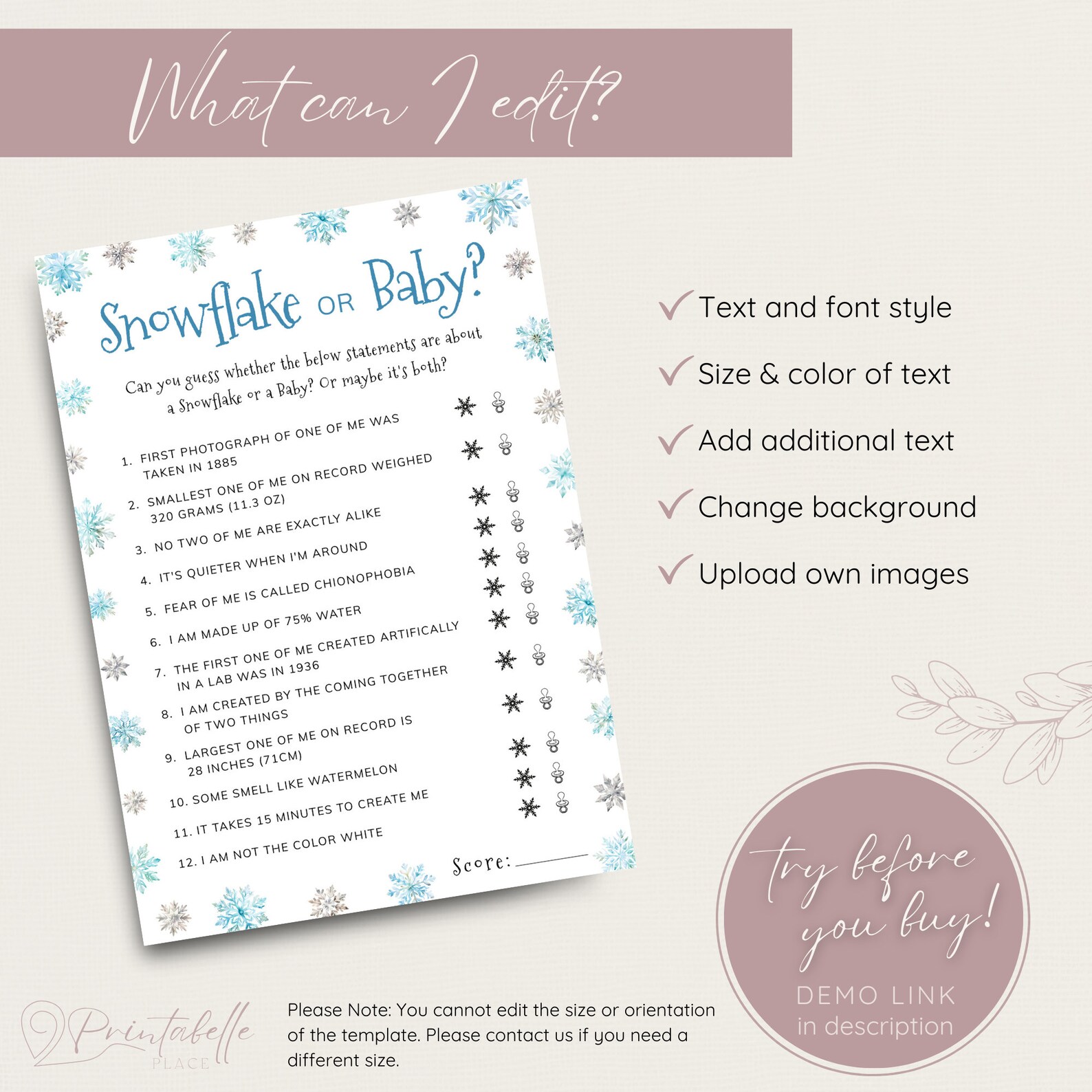 Snowflake or Baby Shower Game, Dusty Blue and Silver Trivia, Winter ...