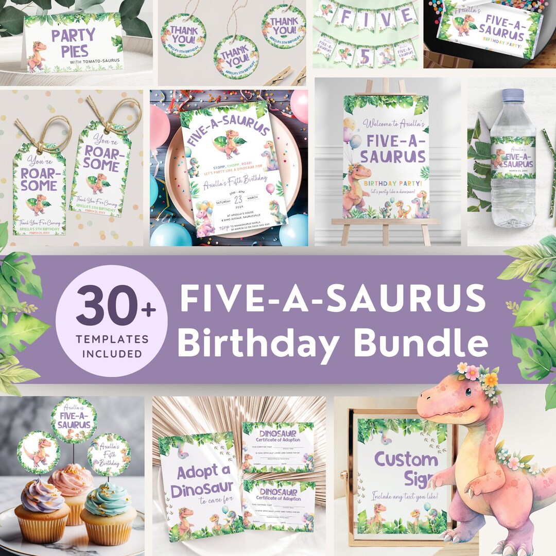Five-a-saurus Girl Dino Birthday Bundle, 5th Birthday Dinosaur Party ...