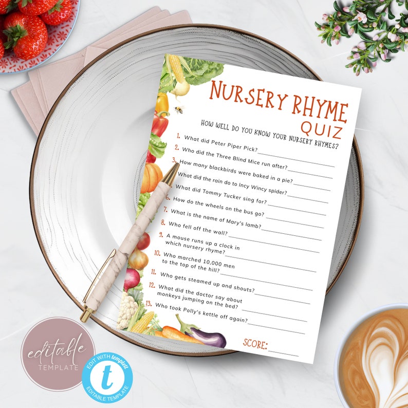 Locally Grown Baby Shower Nursery Rhyme Quiz Game, Bright Rustic ...