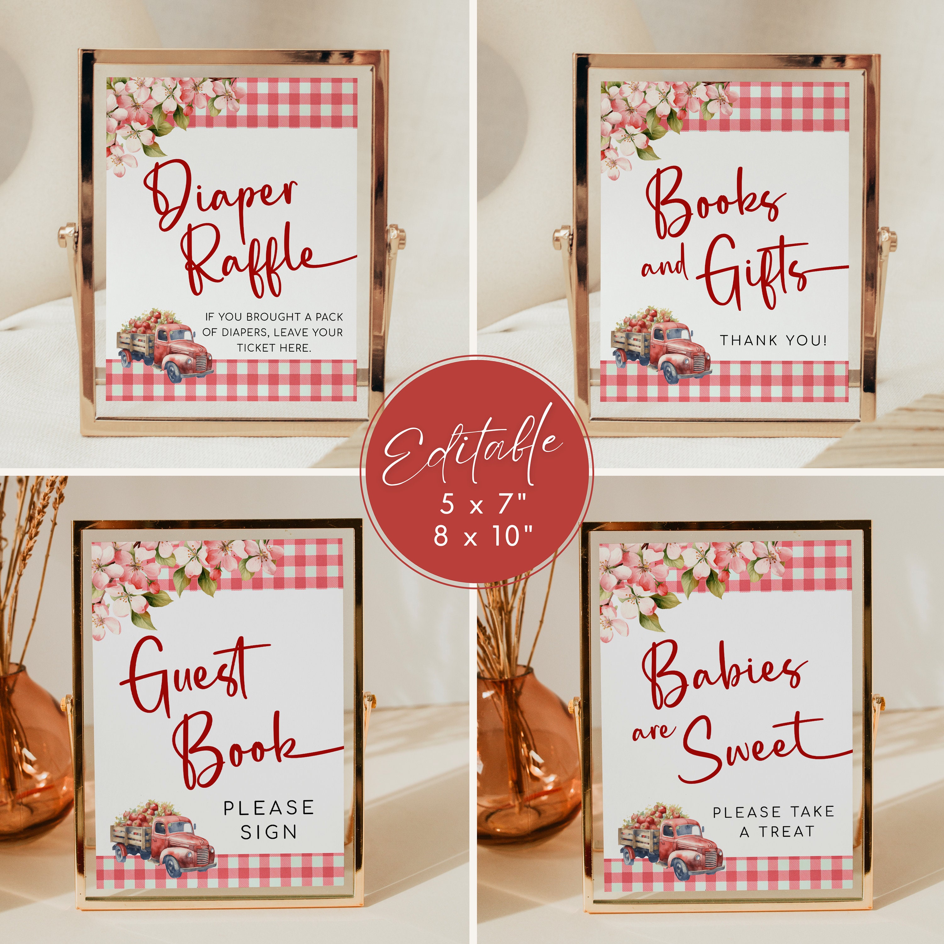 Apple of Our Eye Baby Shower Sign Bundle, Red Gingham Cottagecore Table ...