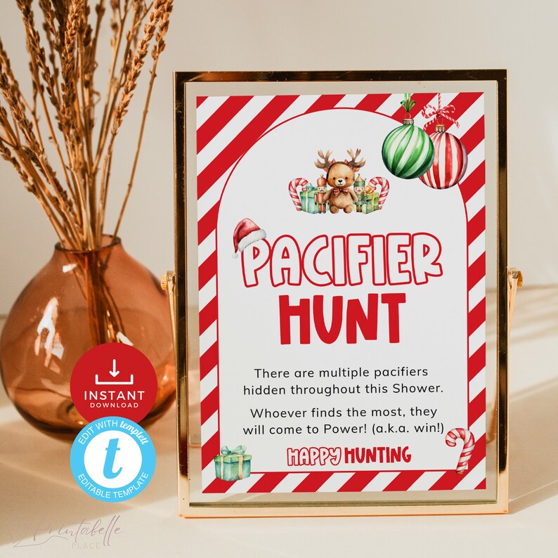 Merry Little Pacifier Hunt Game Sign, Christmas Baby Shower Games, Find ...