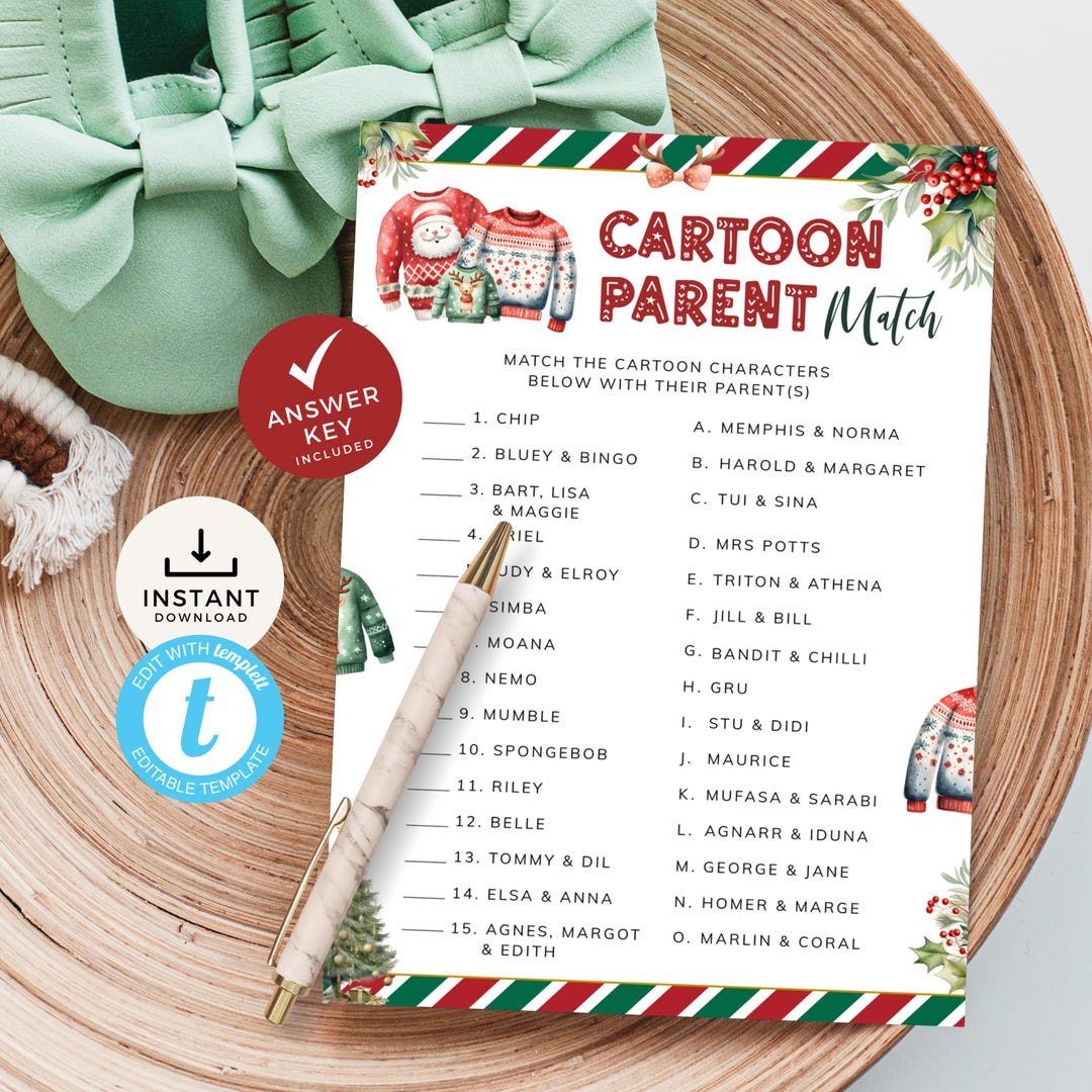 Ugly Sweater Cartoon Parent Match, Christmas Sweater Baby Shower Game ...