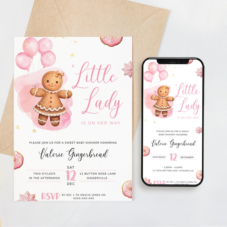 Pink Gingerbread Baby Shower Invitation and Thank You Bundle, Christmas ...