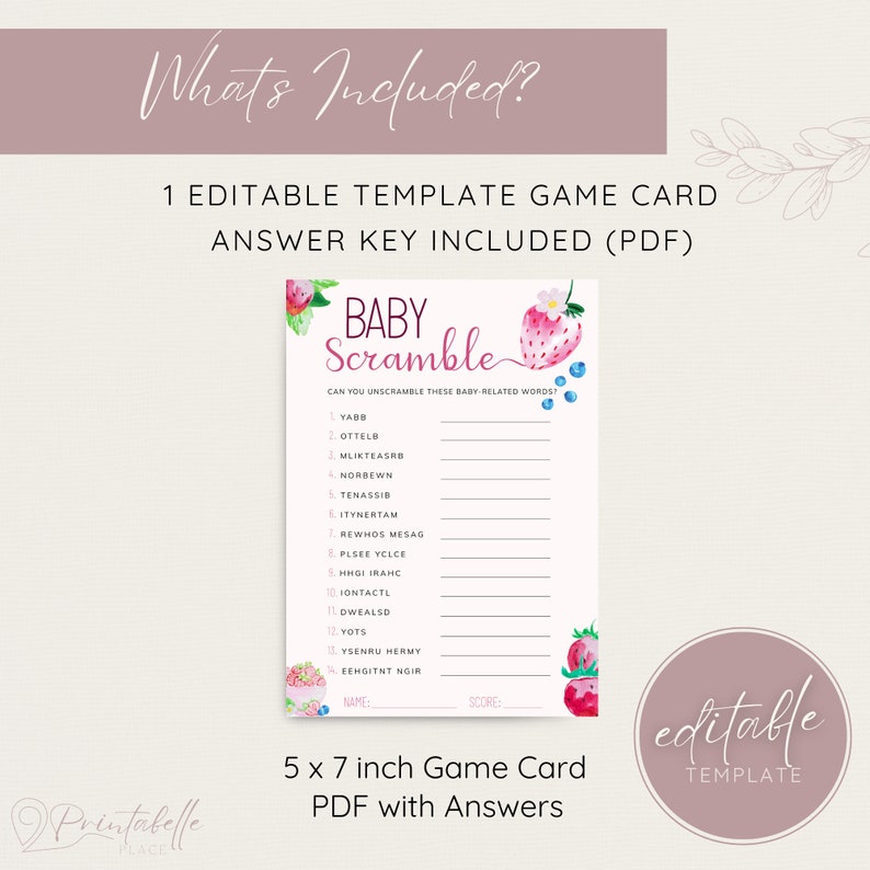 Strawberry Baby Scramble Game Template, Berry Sweet Baby Shower Word ...