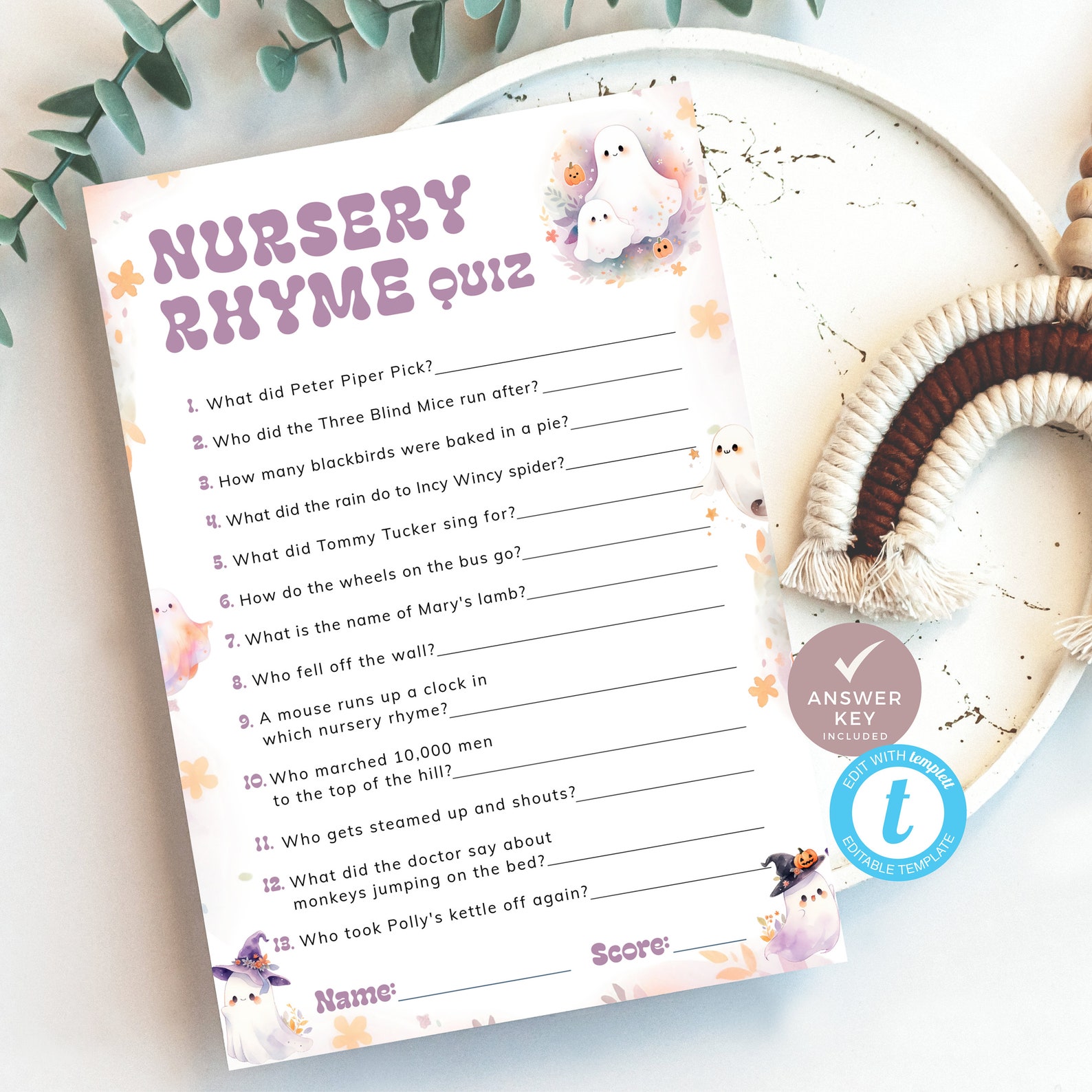 Nursery Rhyme Quiz With Answers: Little Boo Baby Shower Game (editable ...