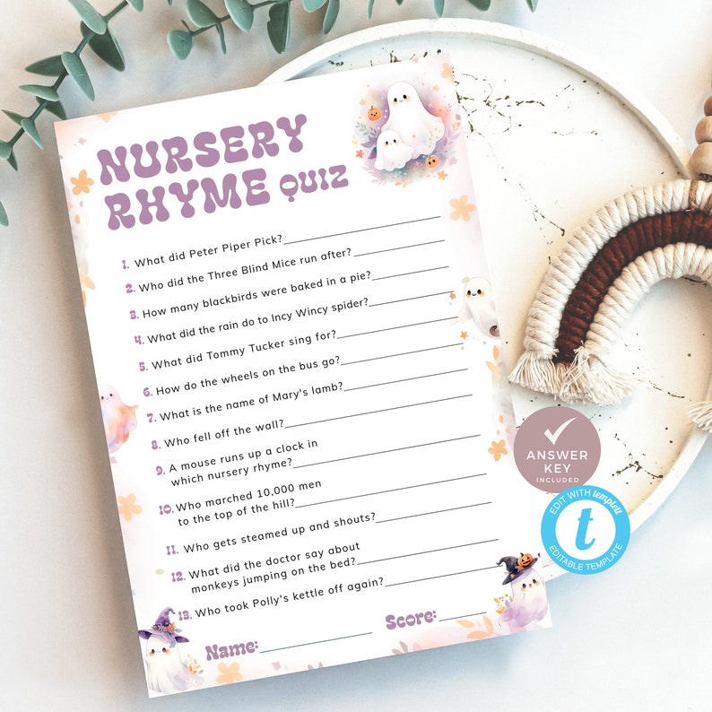 Nursery Rhyme Quiz With Answers: Little Boo Baby Shower Game (editable ...
