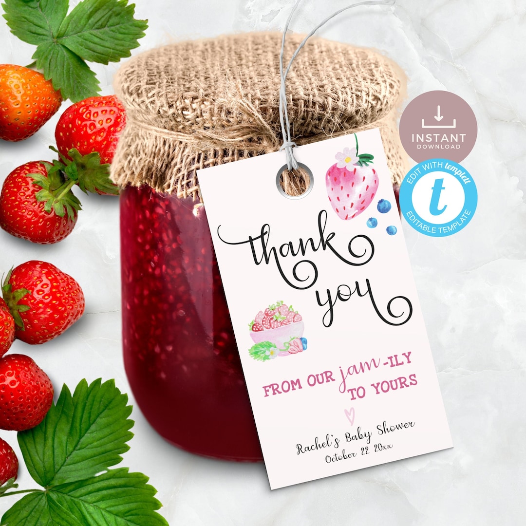 Strawberry Jam Favor Tag: Berry Sweet Thank You Label (editable ...