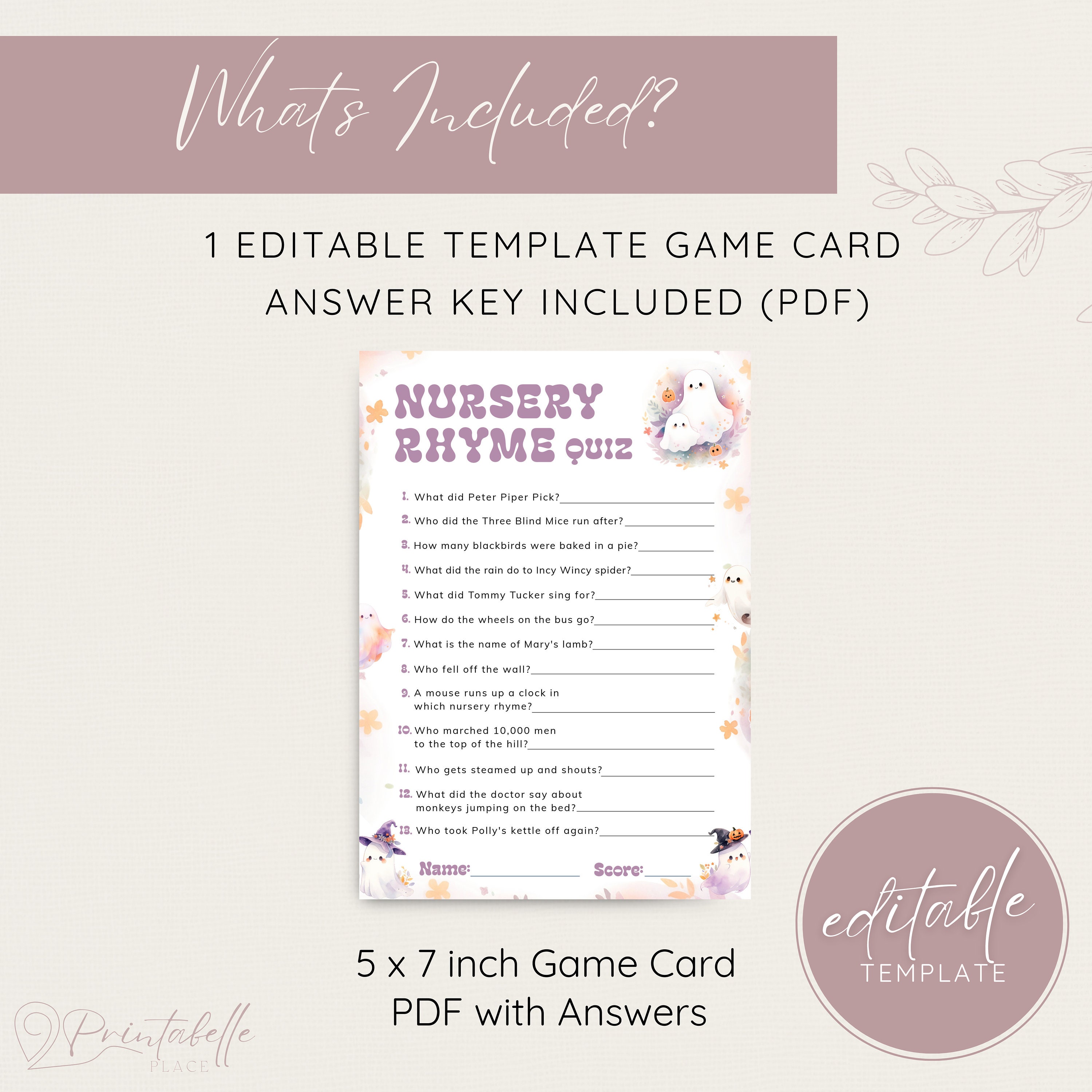 Nursery Rhyme Quiz With Answers: Little Boo Baby Shower Game (editable ...