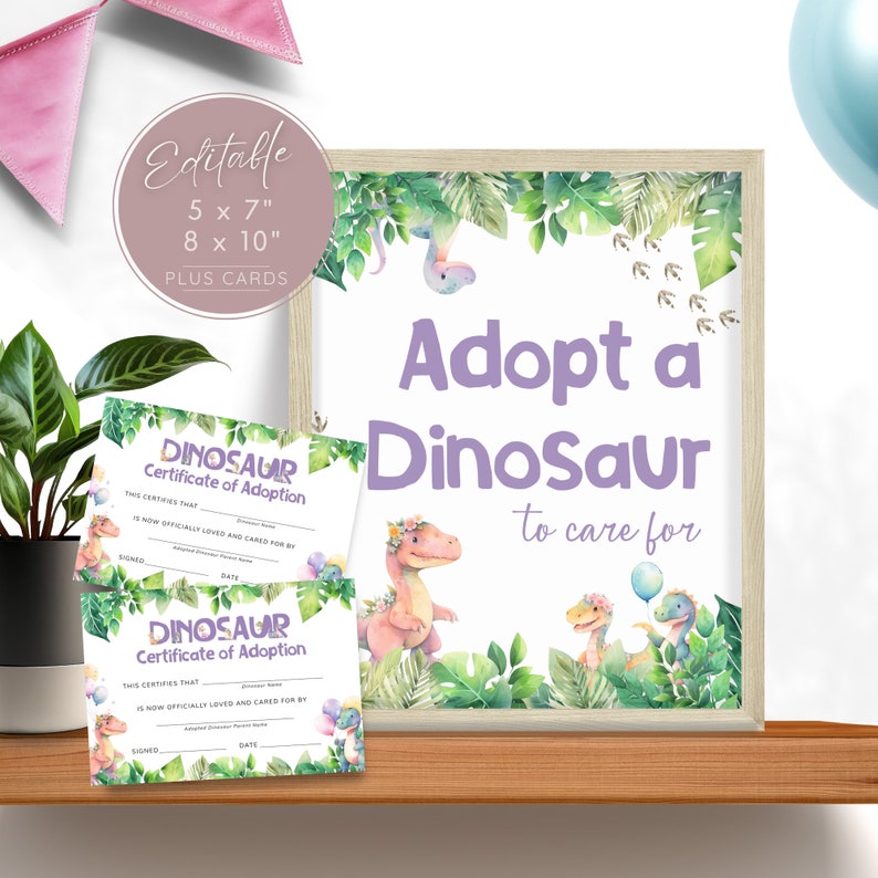 Adopt A Dinosaur Certificate and Sign for Your Pastel Dino Birthday ...