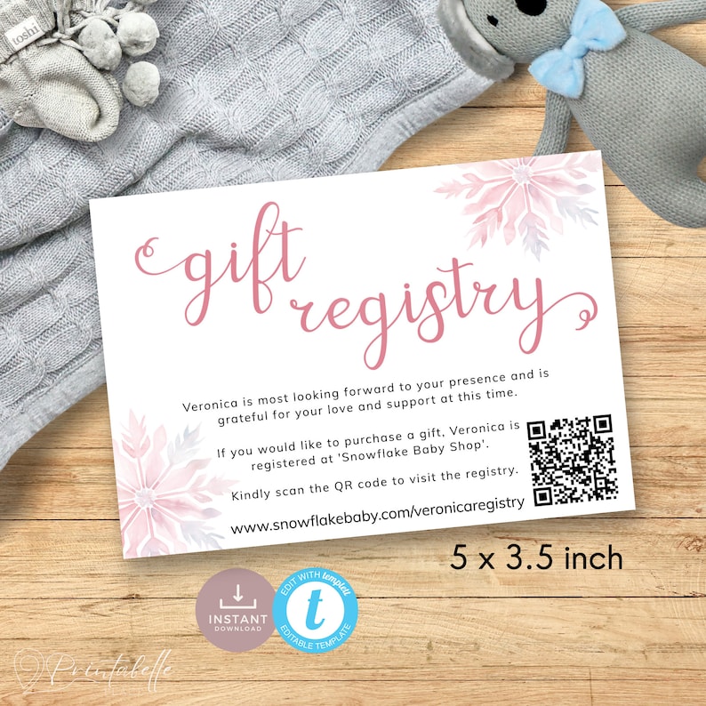 Pink Snowflake Baby Shower Registry Card With Qr Code, Winter Themed ...