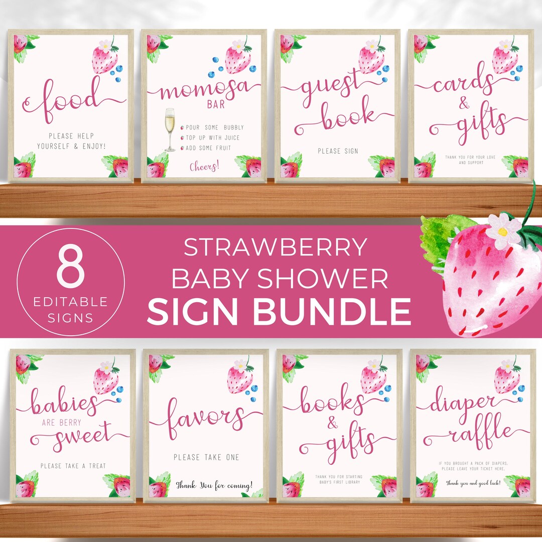 Strawberry Theme Baby Shower Sign Bundle, Berry Sweet Baby is on the ...