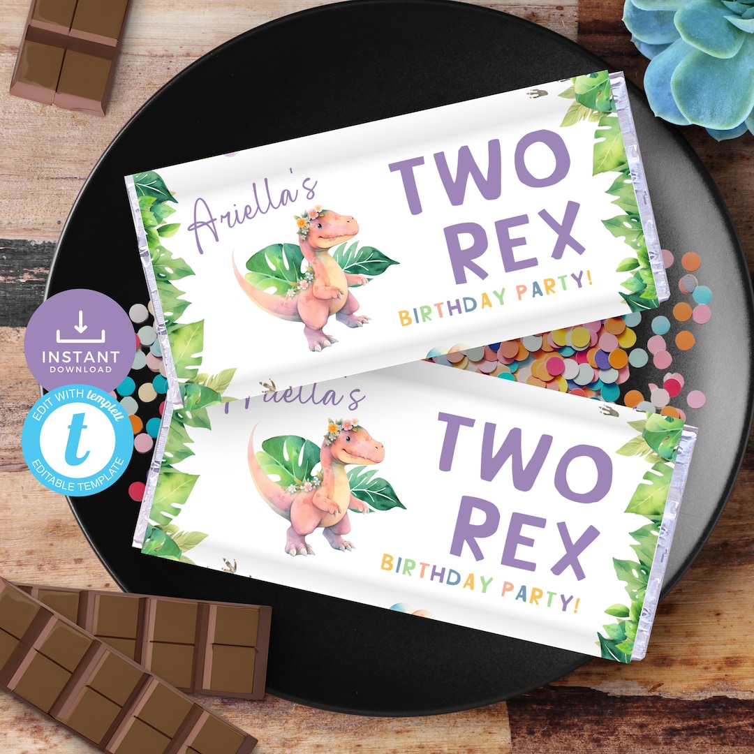 Two Rex Chocolate Wrapper Template, Pastel Dinosaur Birthday Party ...