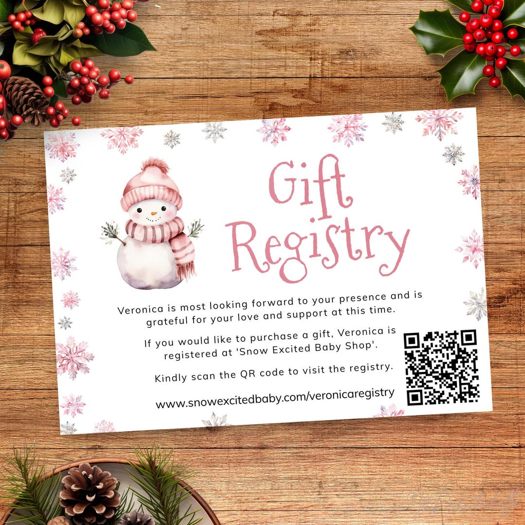 Pink Snowman Gift Registry Card Qr Code, Girl Winter Baby Shower Gift ...