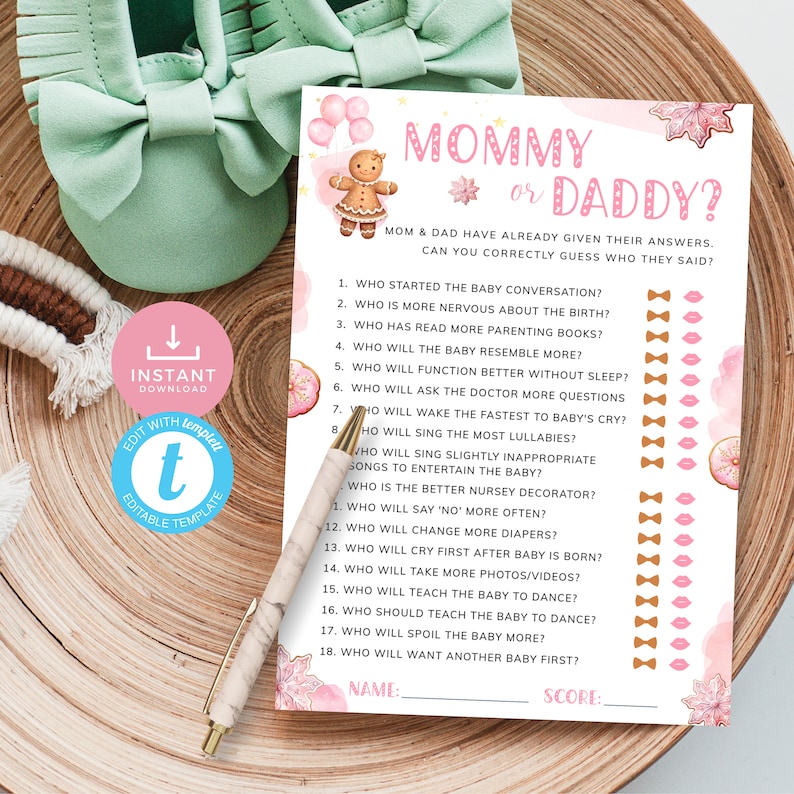 Gingerbread Mommy or Daddy Game, Pink Christmas Cookie Guess Who Said ...